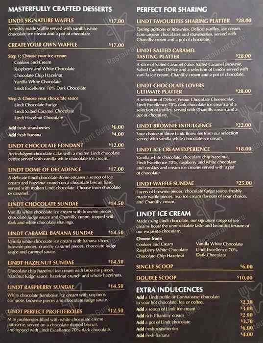 Menu at Lindt cafe, Melbourne, 201 Spencer St