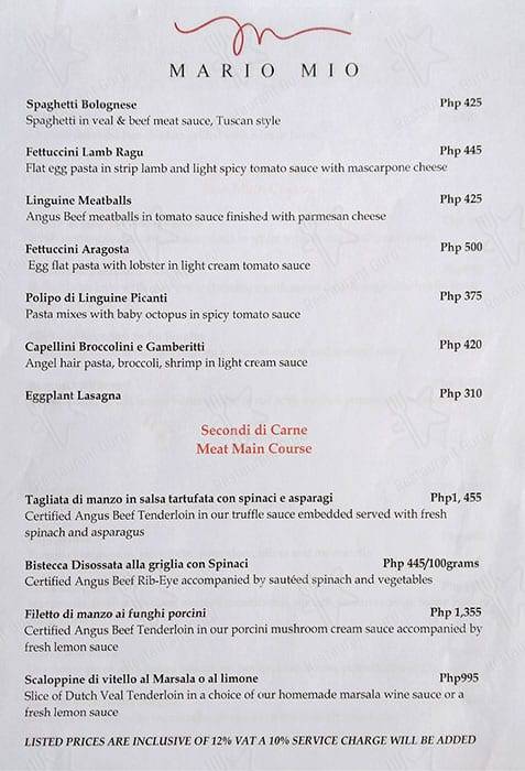 Menu at Mario Mio restaurant, Silang, 5XV7+3HF