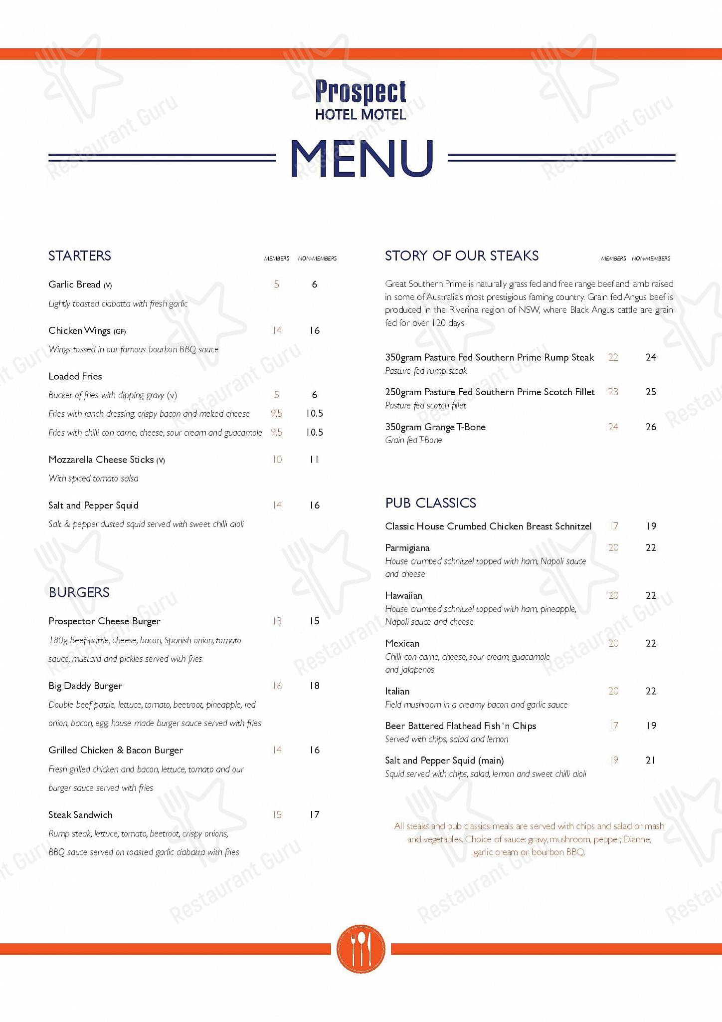 Menu at Bistro @ Prospect Hotel Motel pub & bar, Prospect
