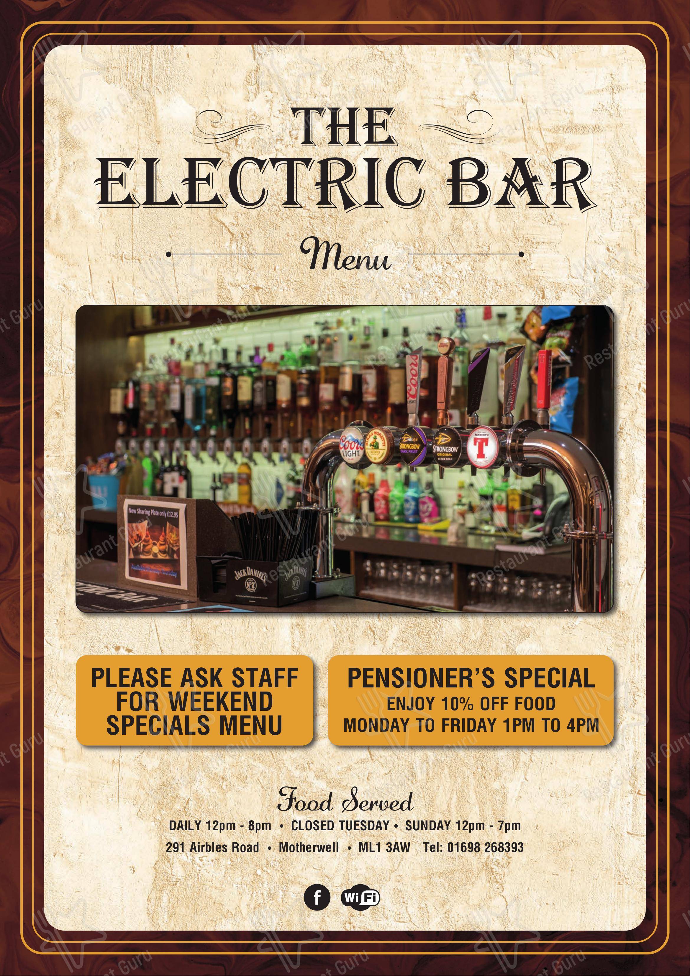 Menu at Electric Bar, Motherwell