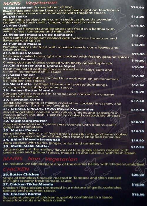 Menu at Chimes restaurant, Balwyn