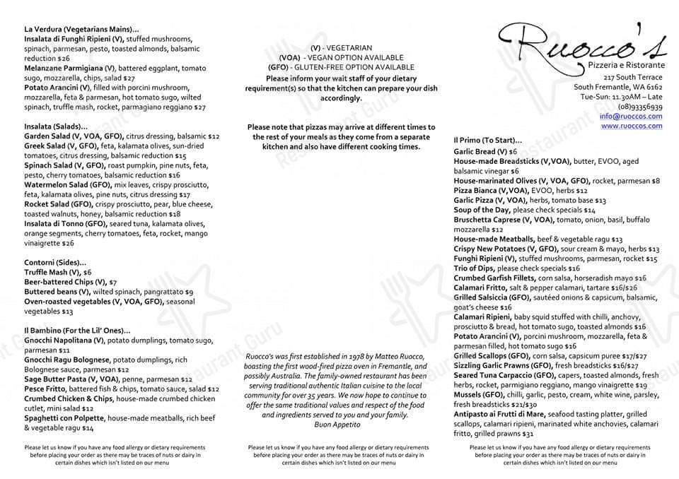 Menu at Ruocco's Pizzeria E Ristorante, South Fremantle