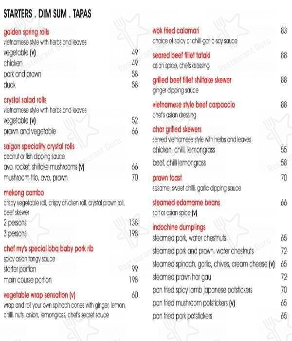 Menu at Saigon restaurant, Cape Town