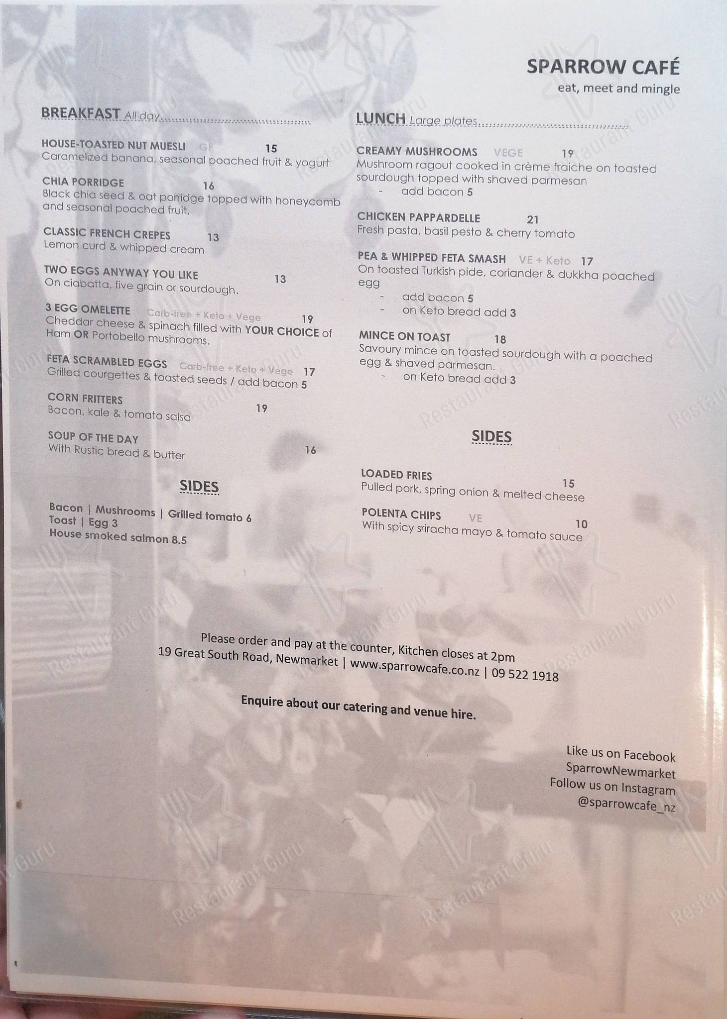 Menu at Sparrow Cafe, Auckland