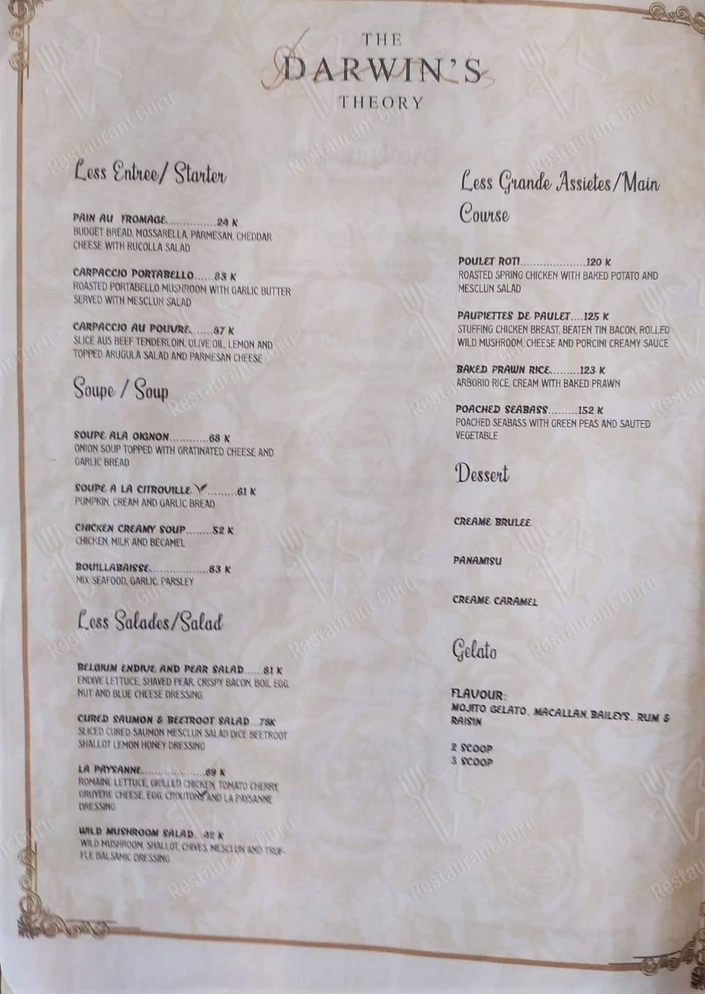 Menu at The Darwin's Theory Bistro & Lounge cafe, North Jakarta