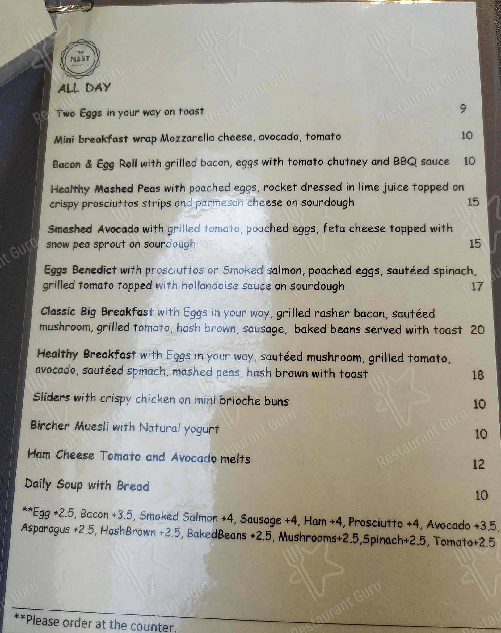 Menu at The Nest Chatswood cafe, Chatswood