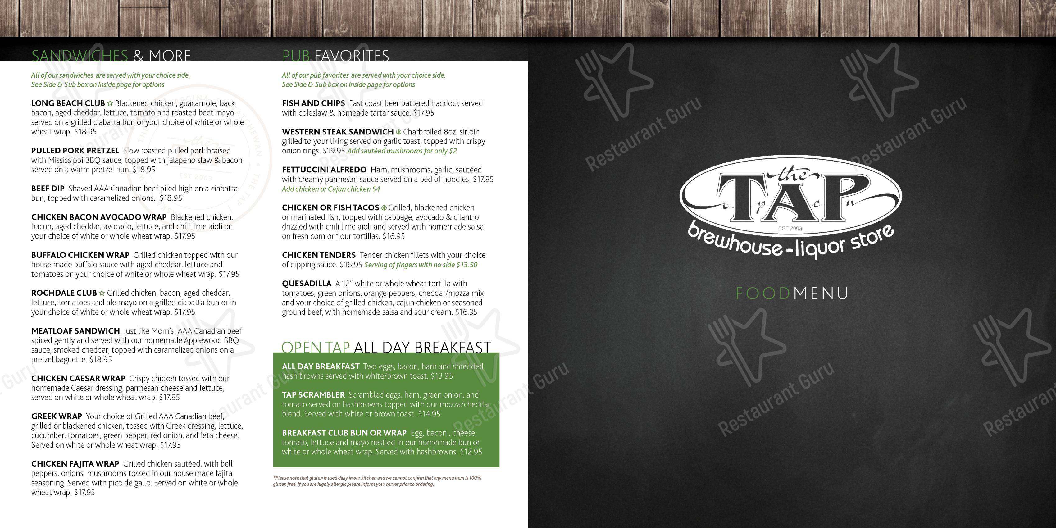 Menu at The Tap Brewhouse pub & bar, Regina
