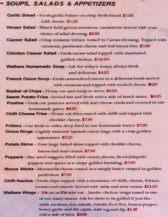 Menu at Walkers Brew pub & bar, Brampton