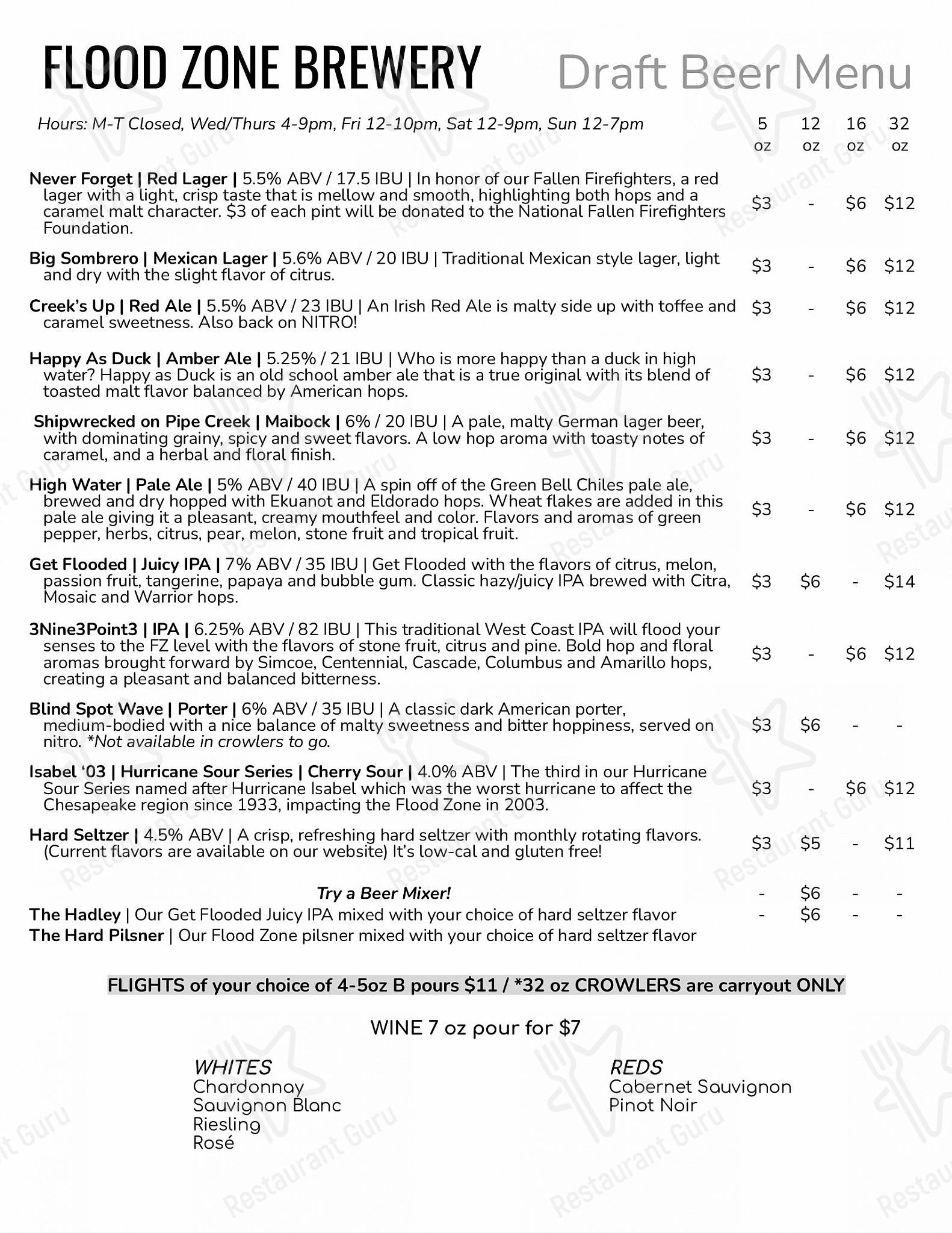 Menu at Flood Zone Marketplace & Brewery restaurant, Union Bridge