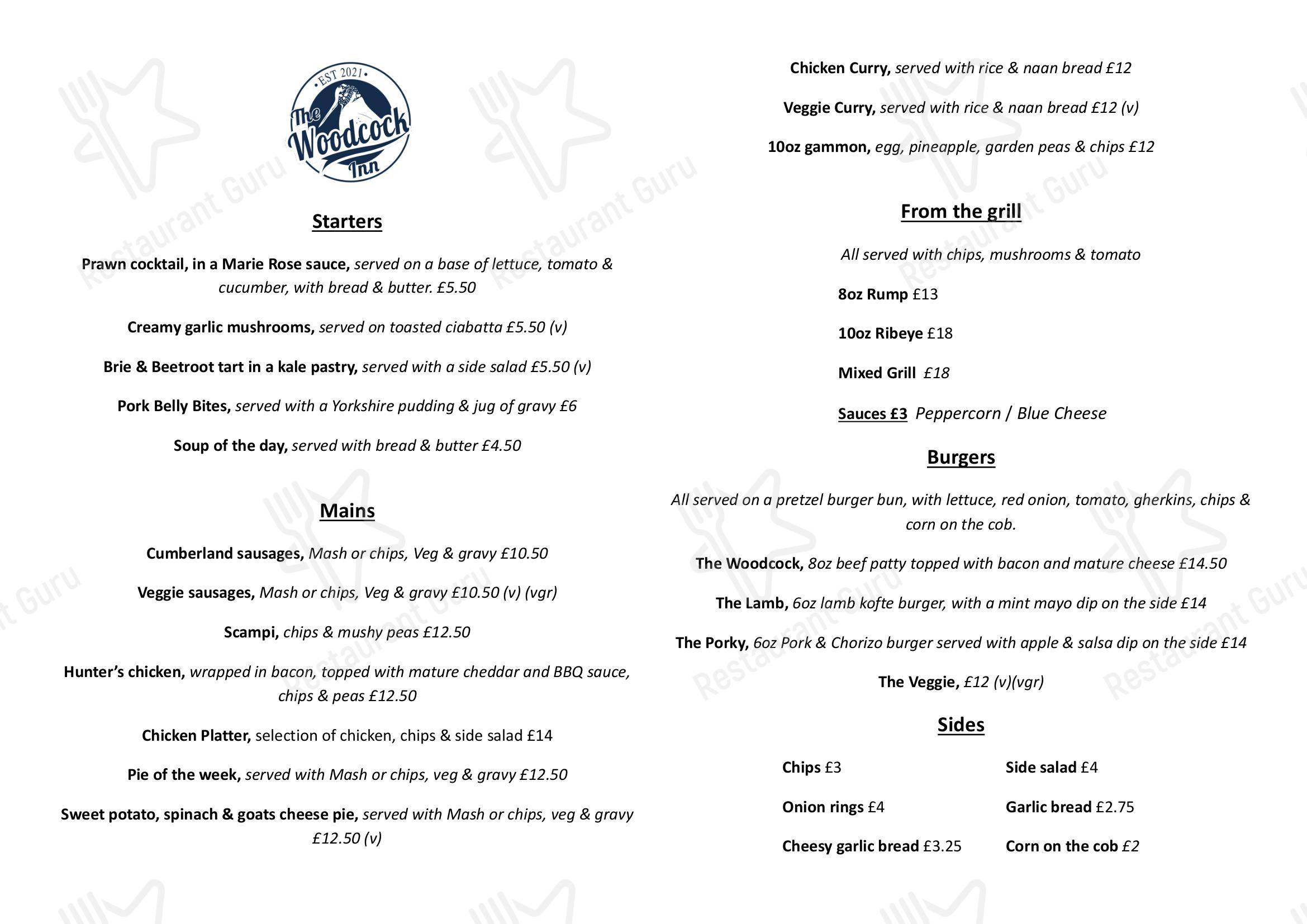 Menu at The Woodcock Inn pub & bar, England, 31 Shrewsbury Rd
