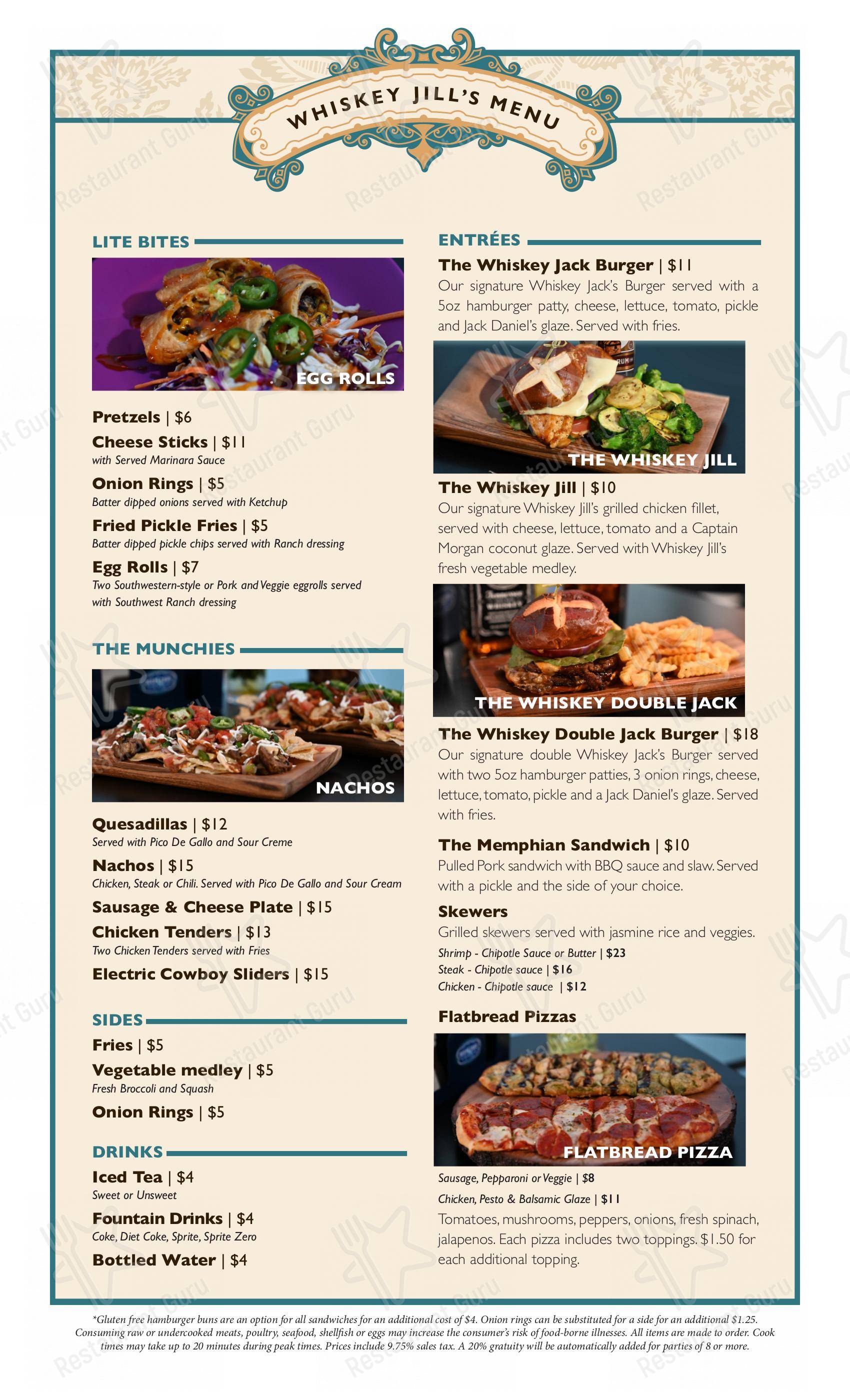 Menu at Whiskey Jill's club, Memphis