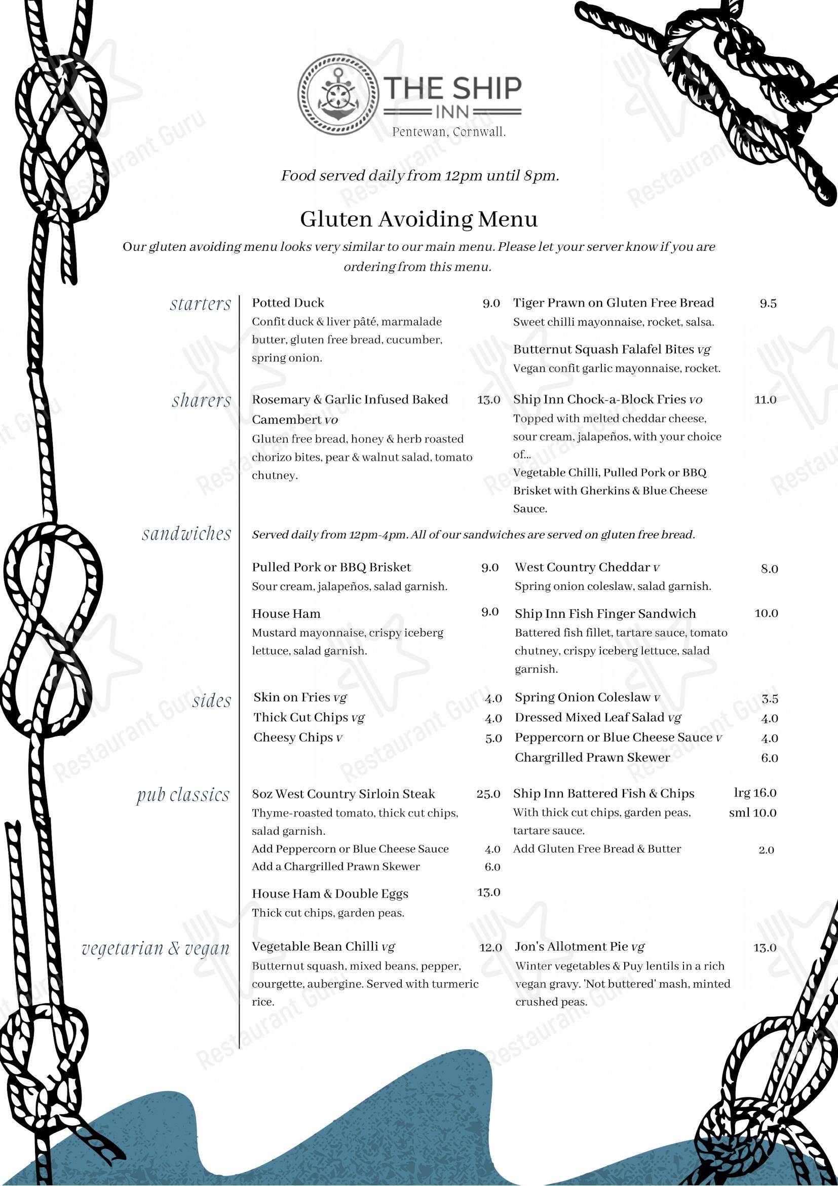 Menu at Ship Inn Pentewan pub & bar, Mevagissey, 31-33 W End