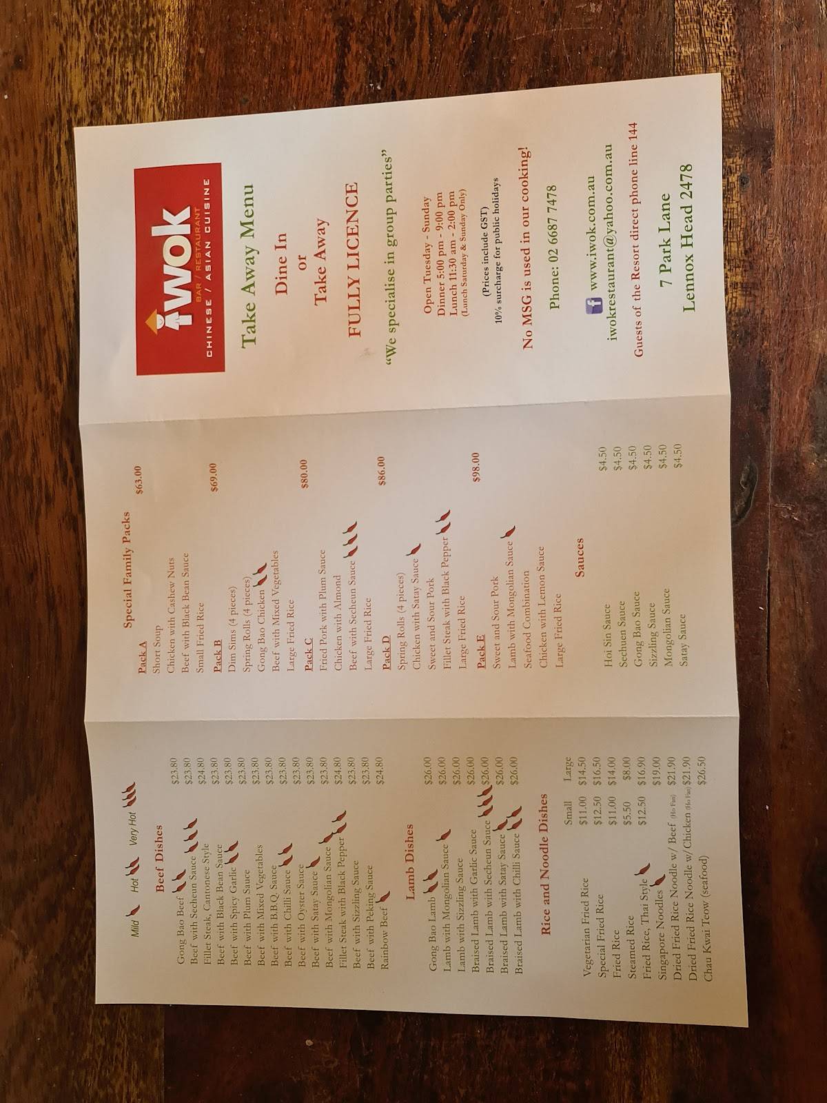 Menu at iWok Restaurant & Bar, Lennox Head