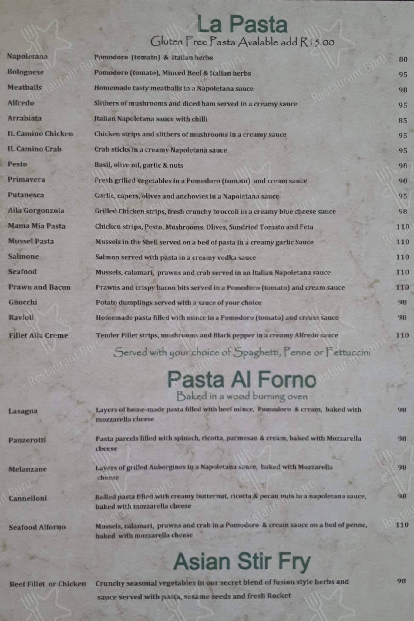 Menu at Il Camino Italian Restaurant, Johannesburg South