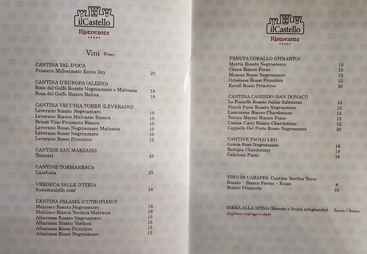 Menu at il Castello restaurant, Bagnolo del Salento