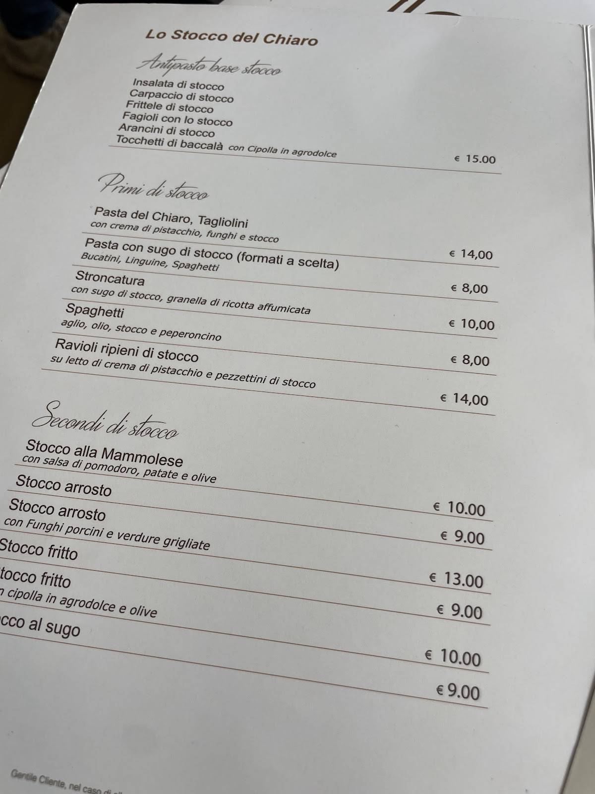 Menu da il chiaro ristorante, Mammola