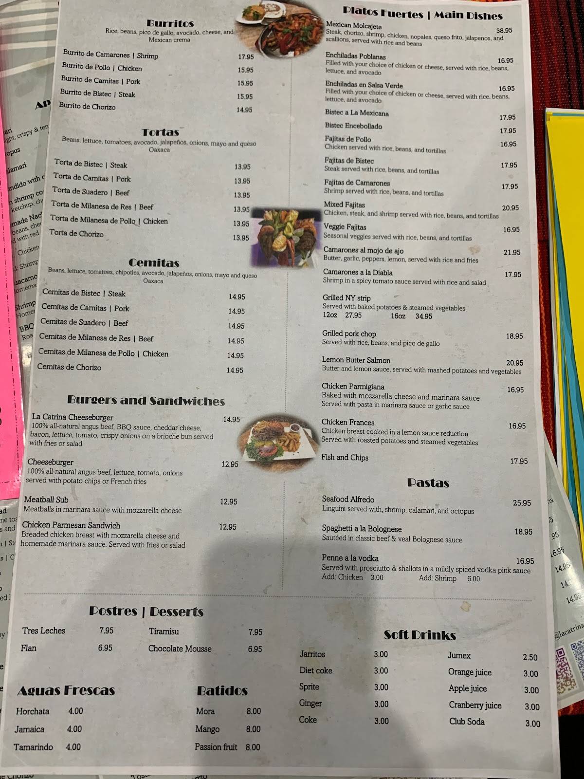 Carta del restaurante la Catrina De Luis, Nueva York