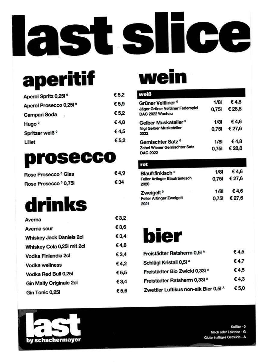 Menu at last slice pizzeria, Linz