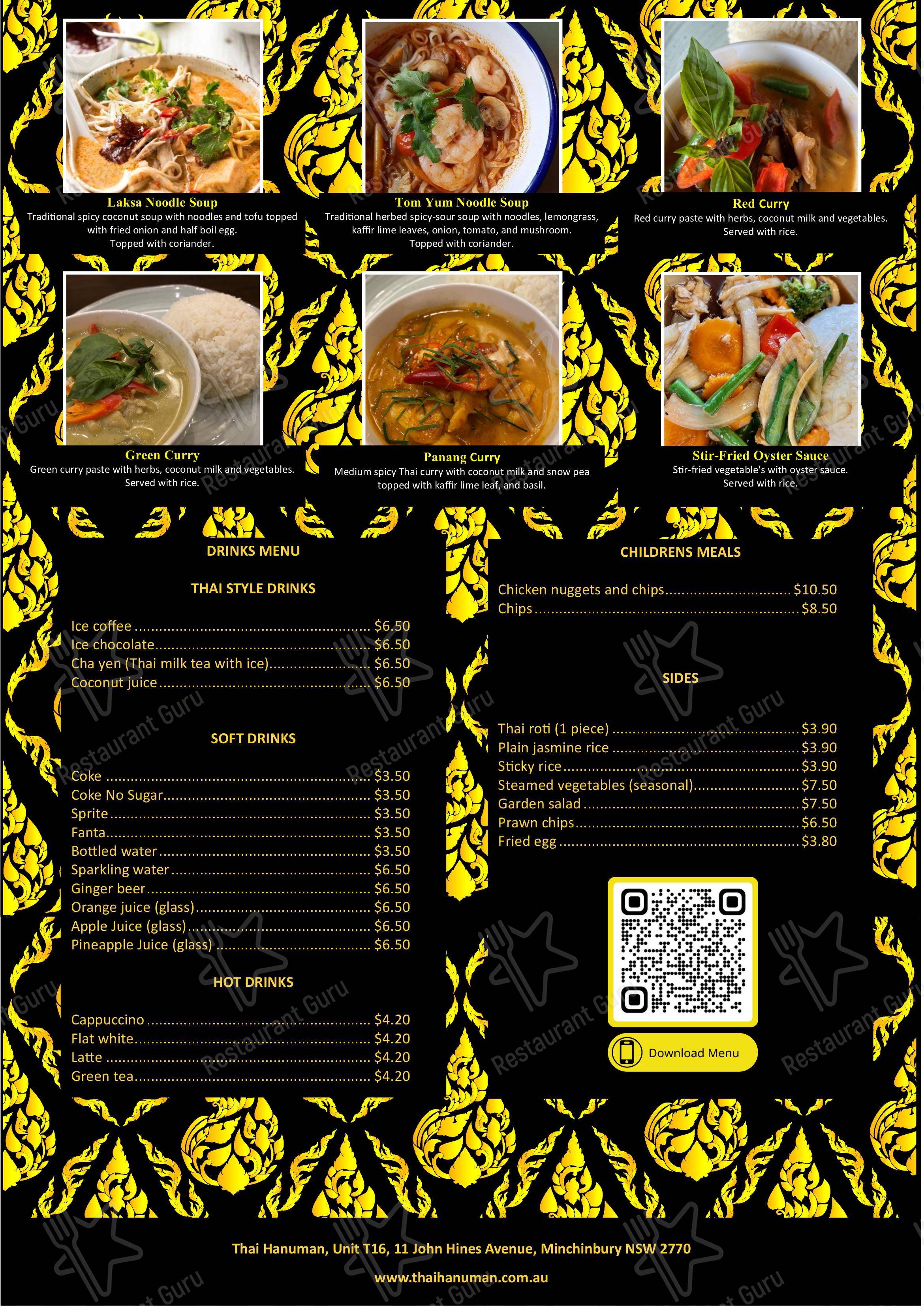 Menu at Thai Hanuman restaurant, Minchinbury