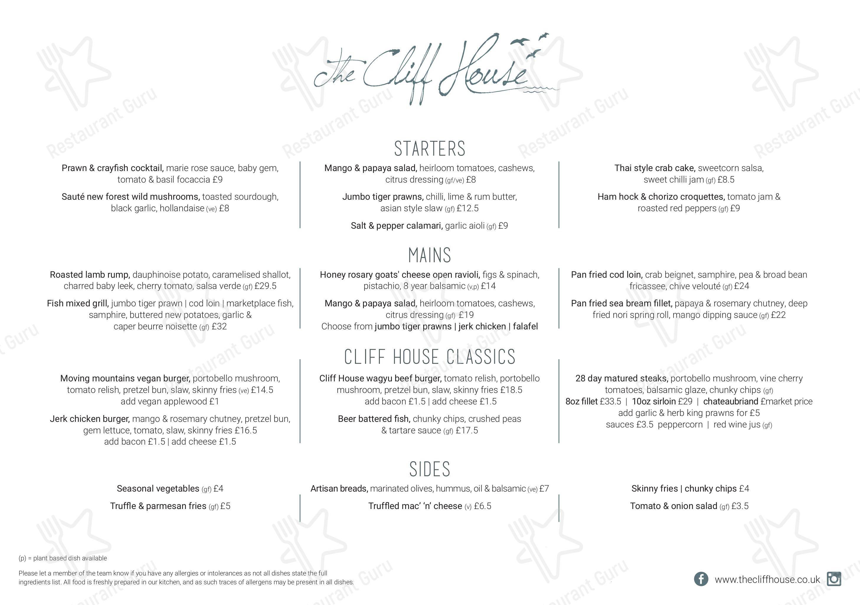 Menu at The Cliff House restaurant, New Milton