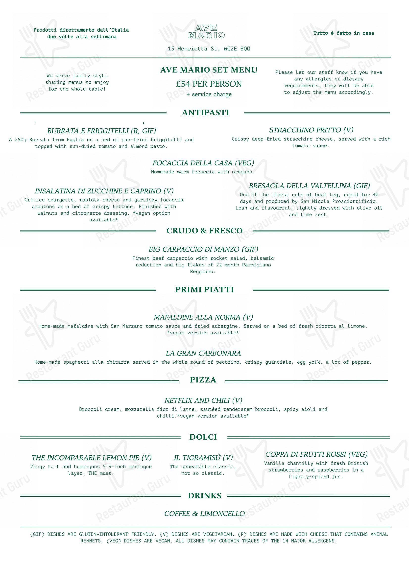 Menu at Ave Mario restaurant, London