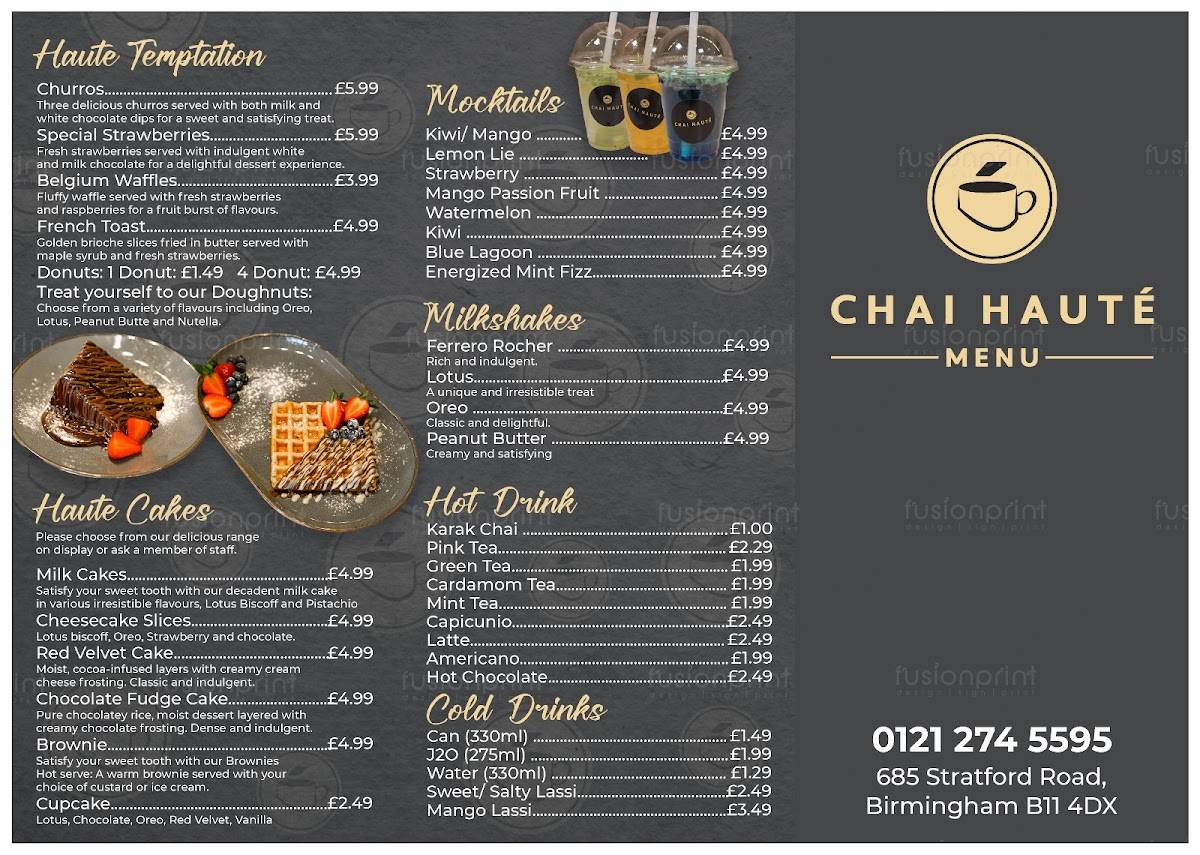 Menu at Chai Haute restaurant, Birmingham