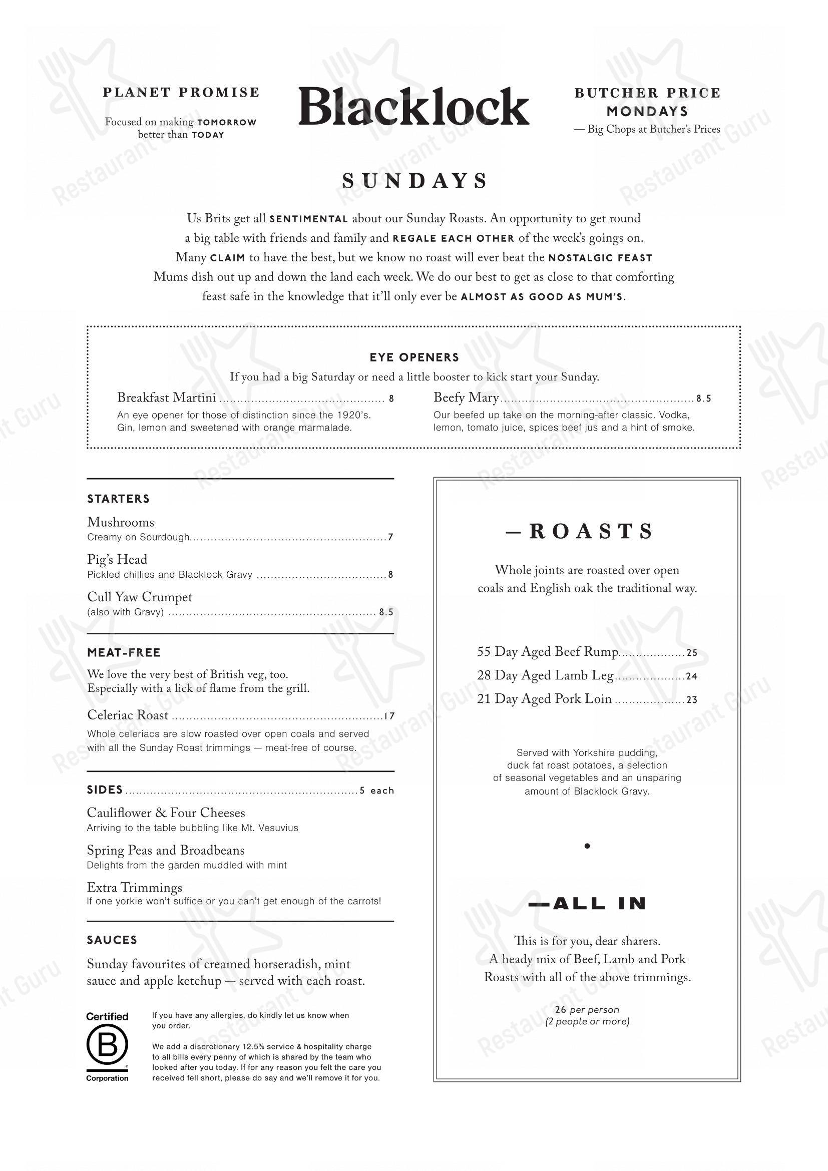 Menu at Blacklock City steakhouse, London, 13 Philpot Ln