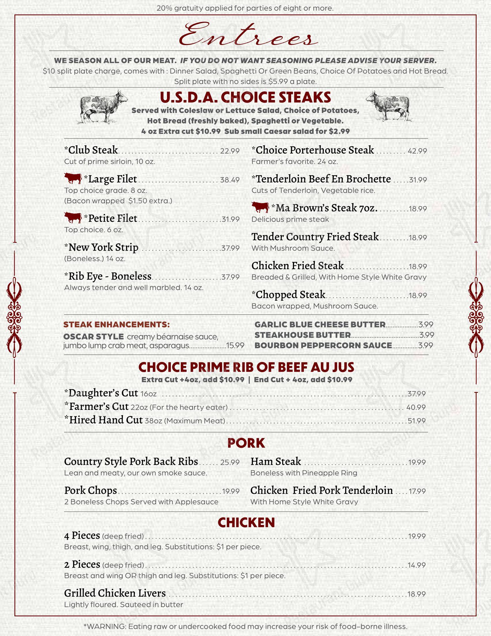 Menu at Farmer Brown's Steak House steakhouse, Waterloo
