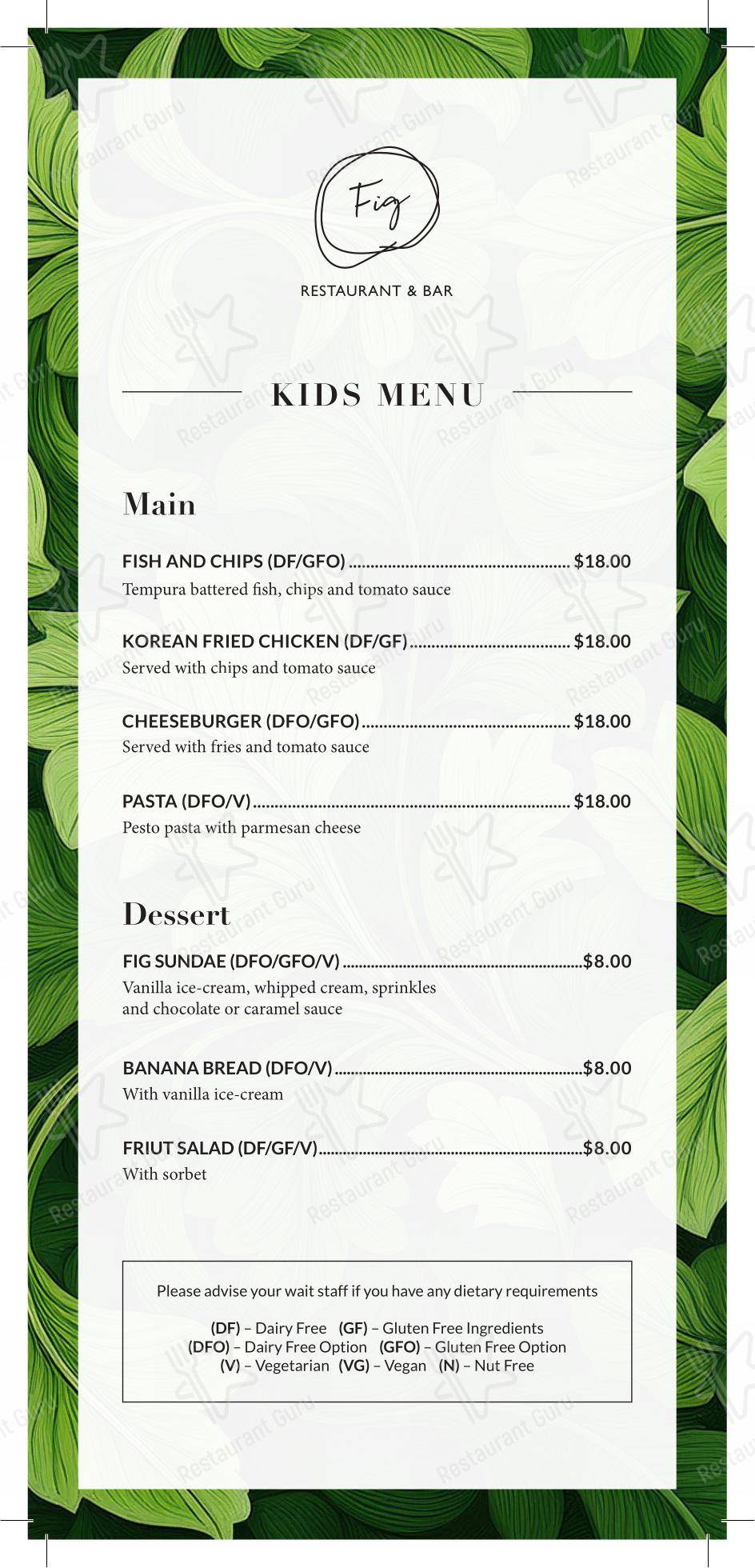 Menu at Fig restaurant, Christchurch