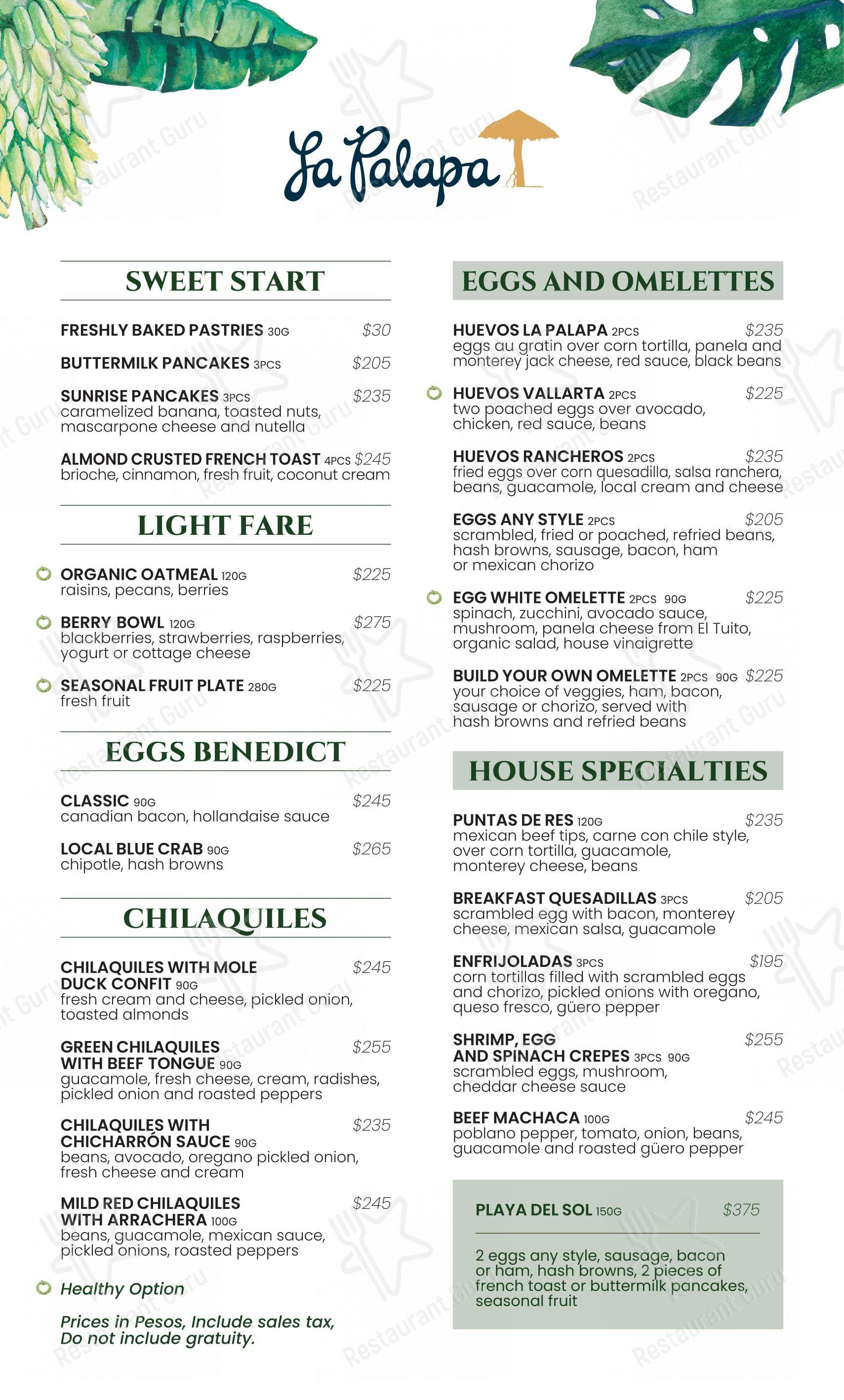 Menu at La Palapa Restaurant, Puerto Vallarta, Púlpito 105-3