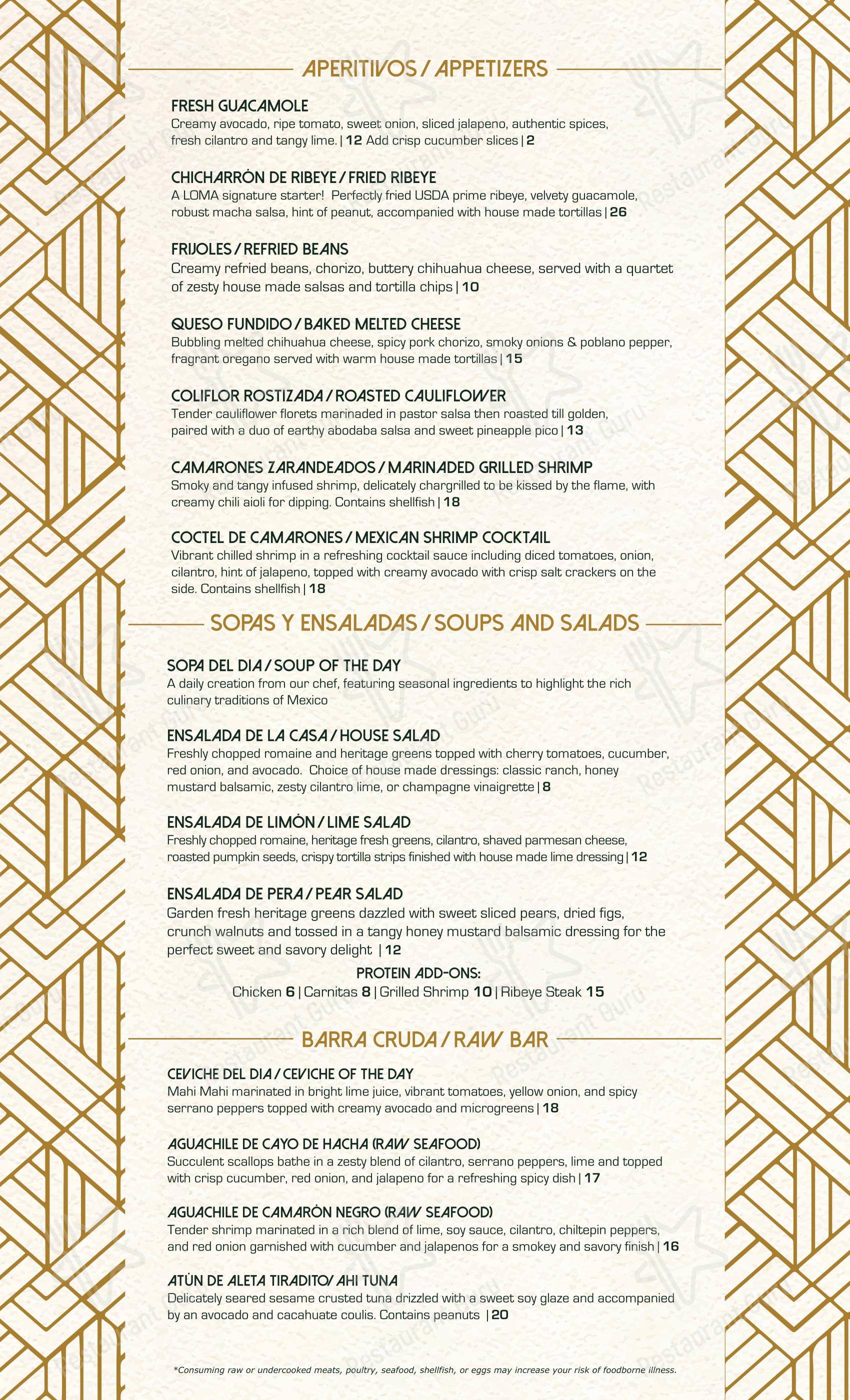 Menu at Loma restaurant, Rogers