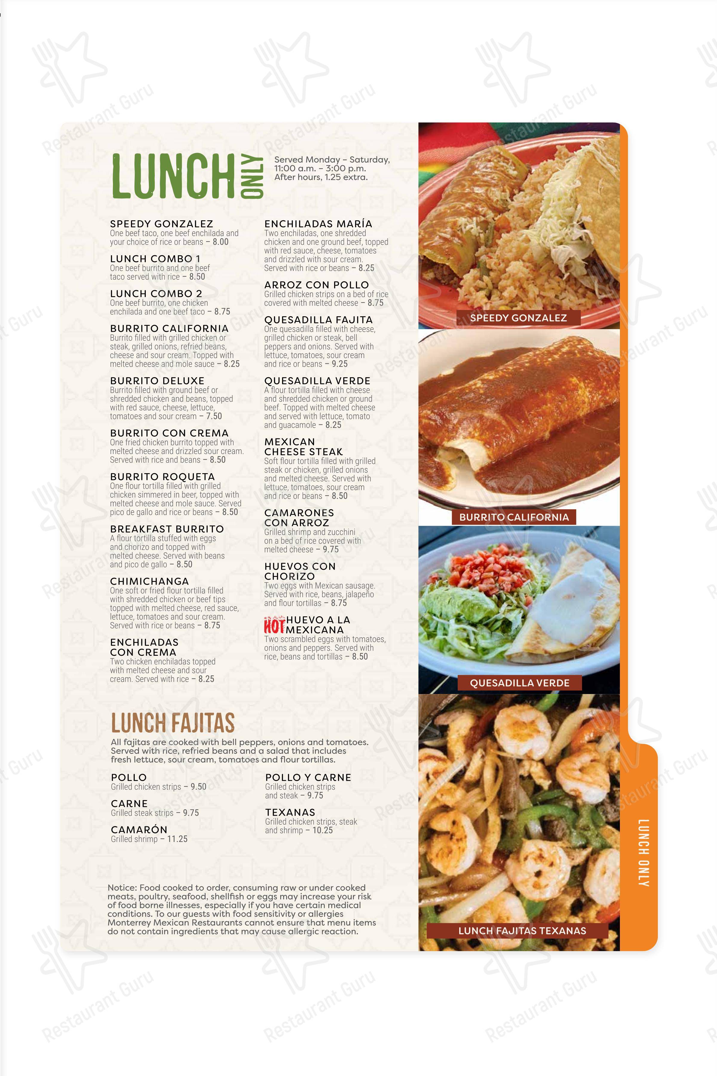 Menu at Monterrey Mexican Grill restaurant, Reidsville
