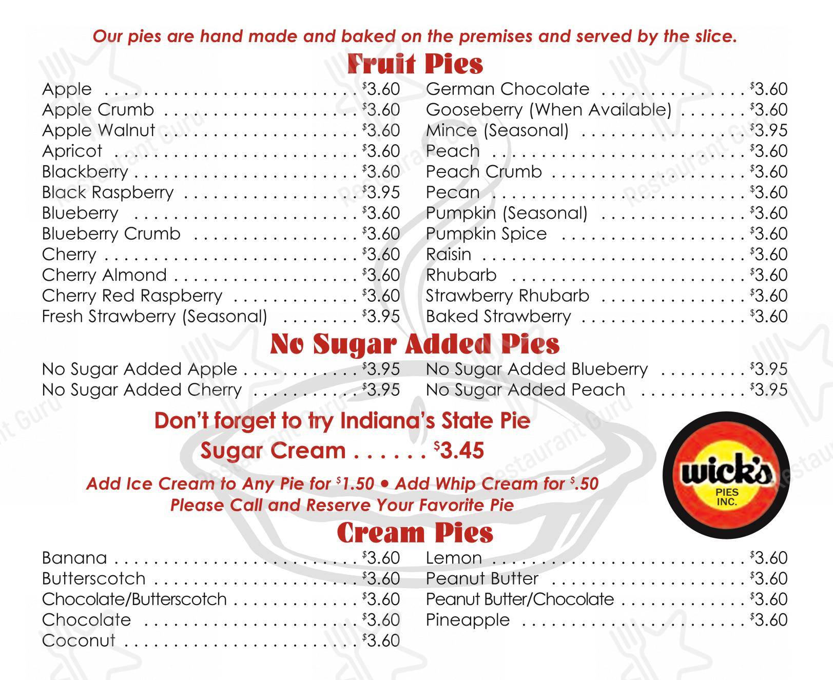 Menu at Mrs. Wick's Restaurant & Pie Shop, Winchester