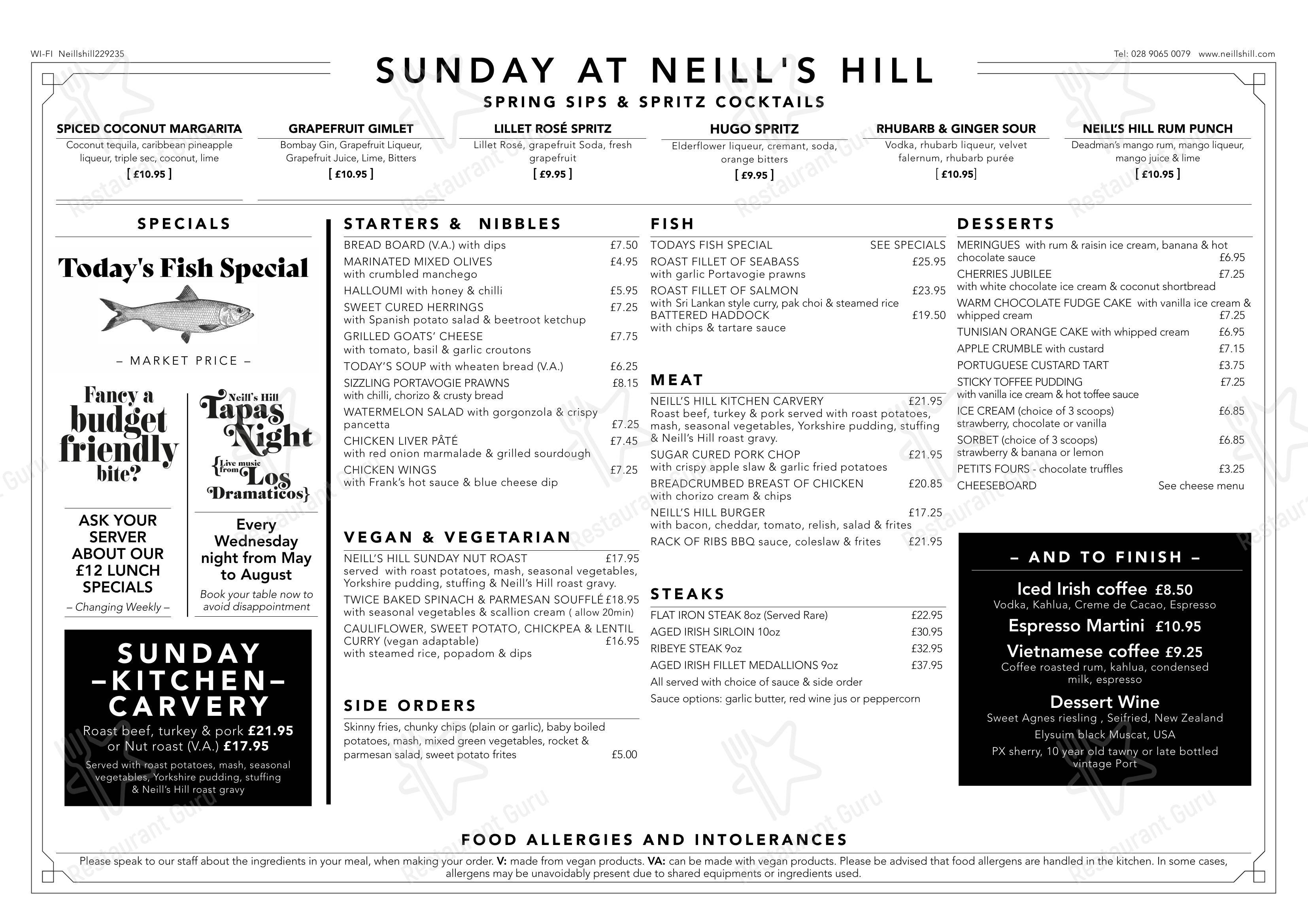 Menu at Neill's Hill Brasserie restaurant, Belfast