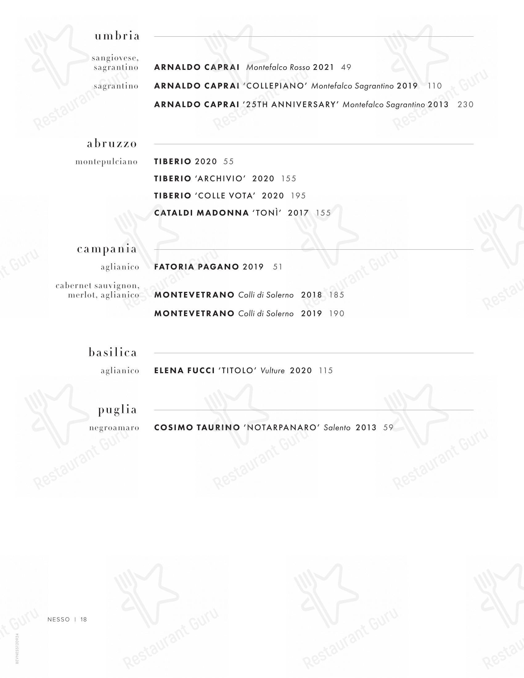 Menu at Nesso restaurant, Indianapolis