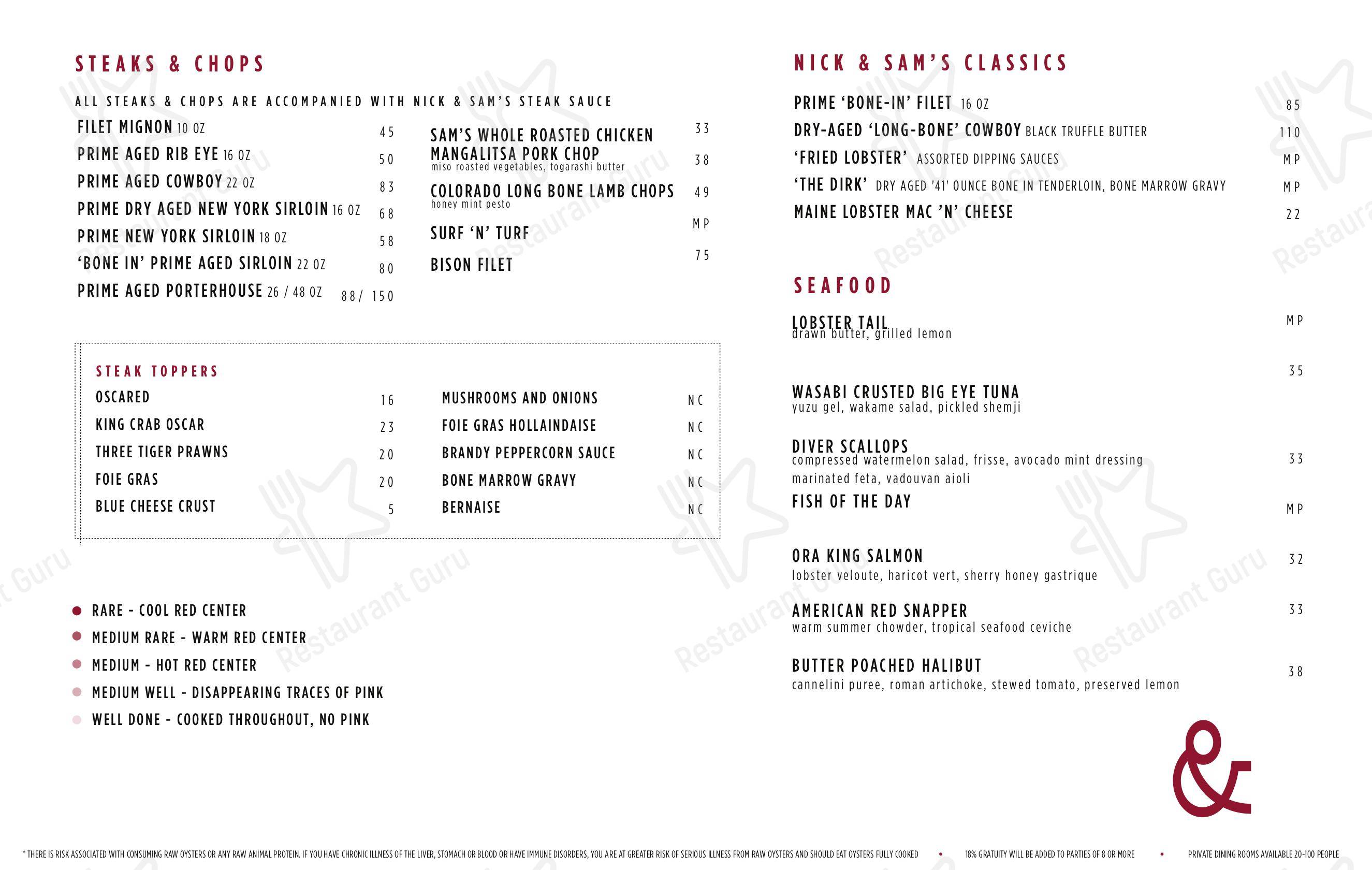 Menu at Nick & Sam's steakhouse, Dallas, Maple Ave