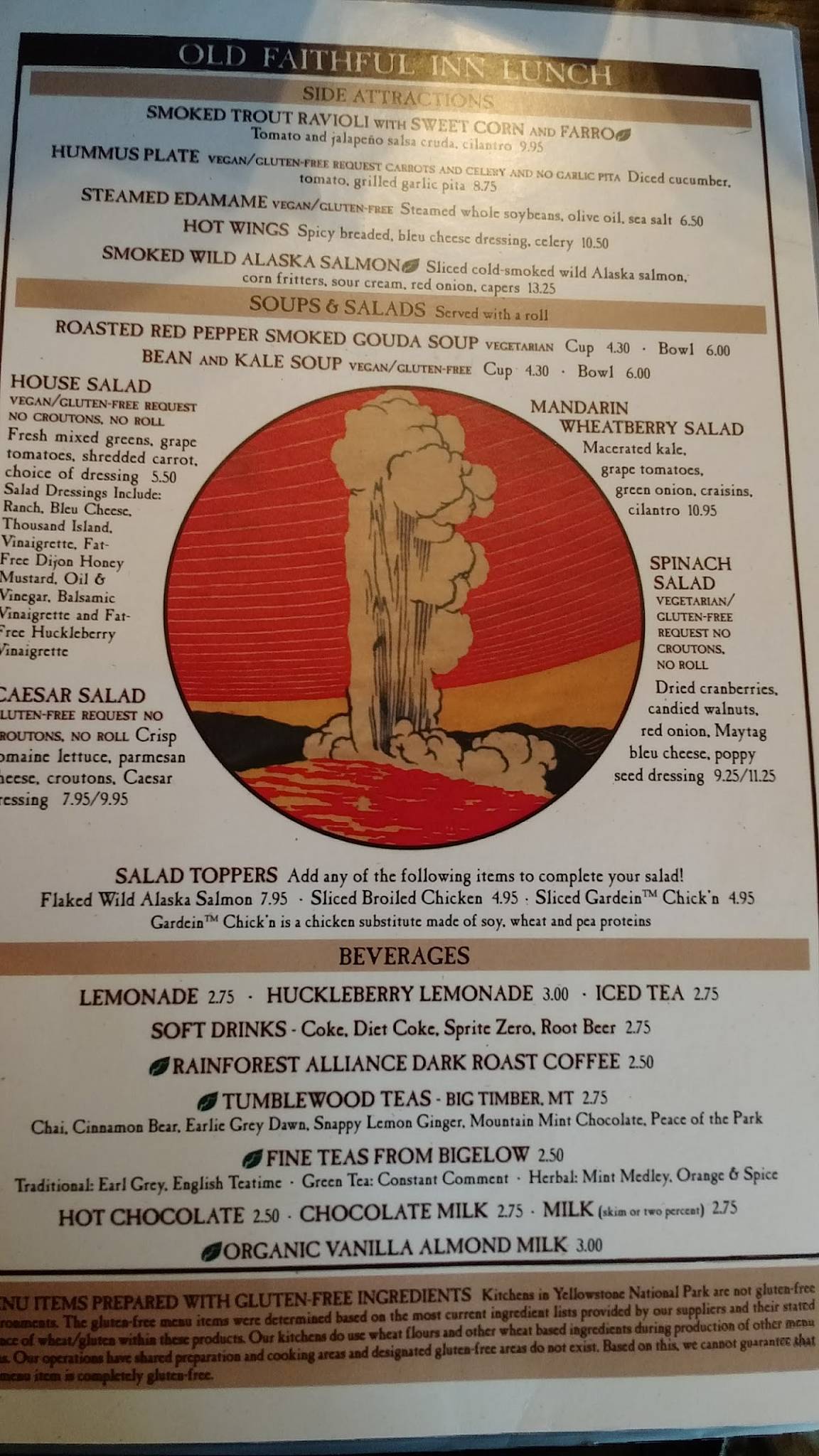 Menu at Old Faithful Inn Dining Room restaurant, USA, Old Faithful Rd