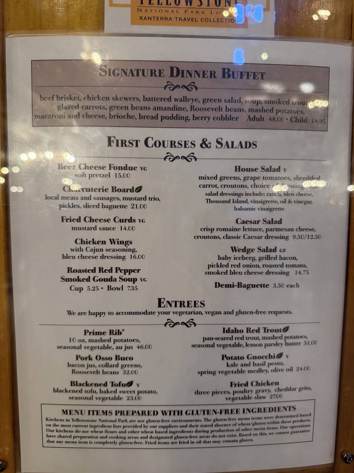 Menu at Old Faithful Inn Dining Room restaurant, USA, Old Faithful Rd