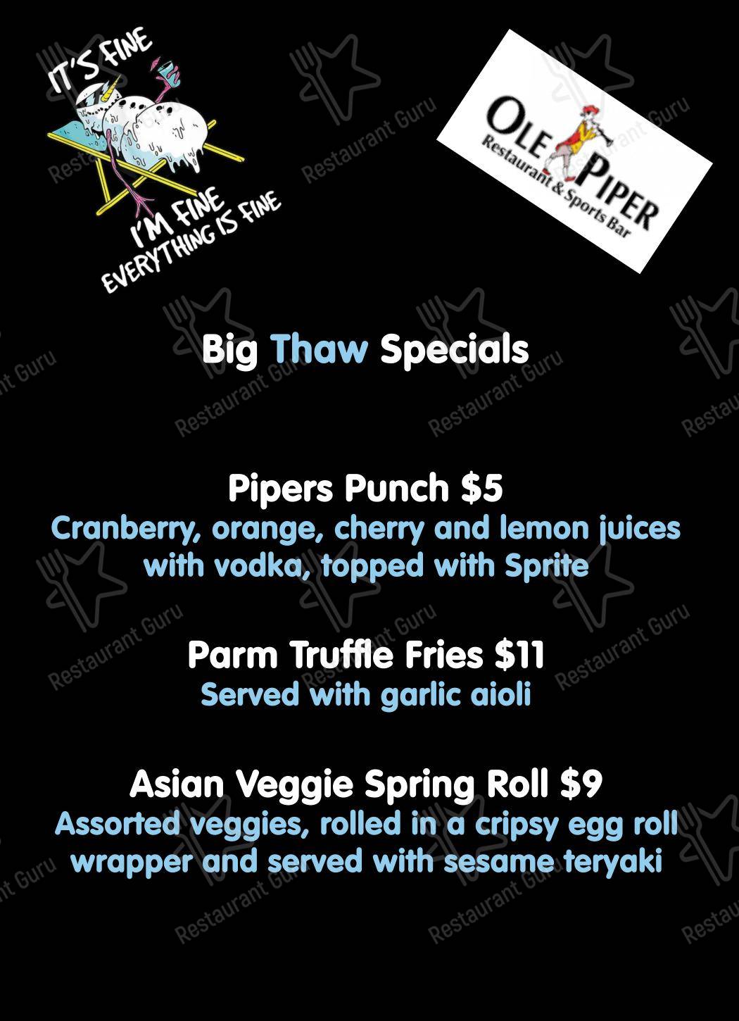 Menu at Ole Piper Family Restaurant and Sports Bar, Rosemount