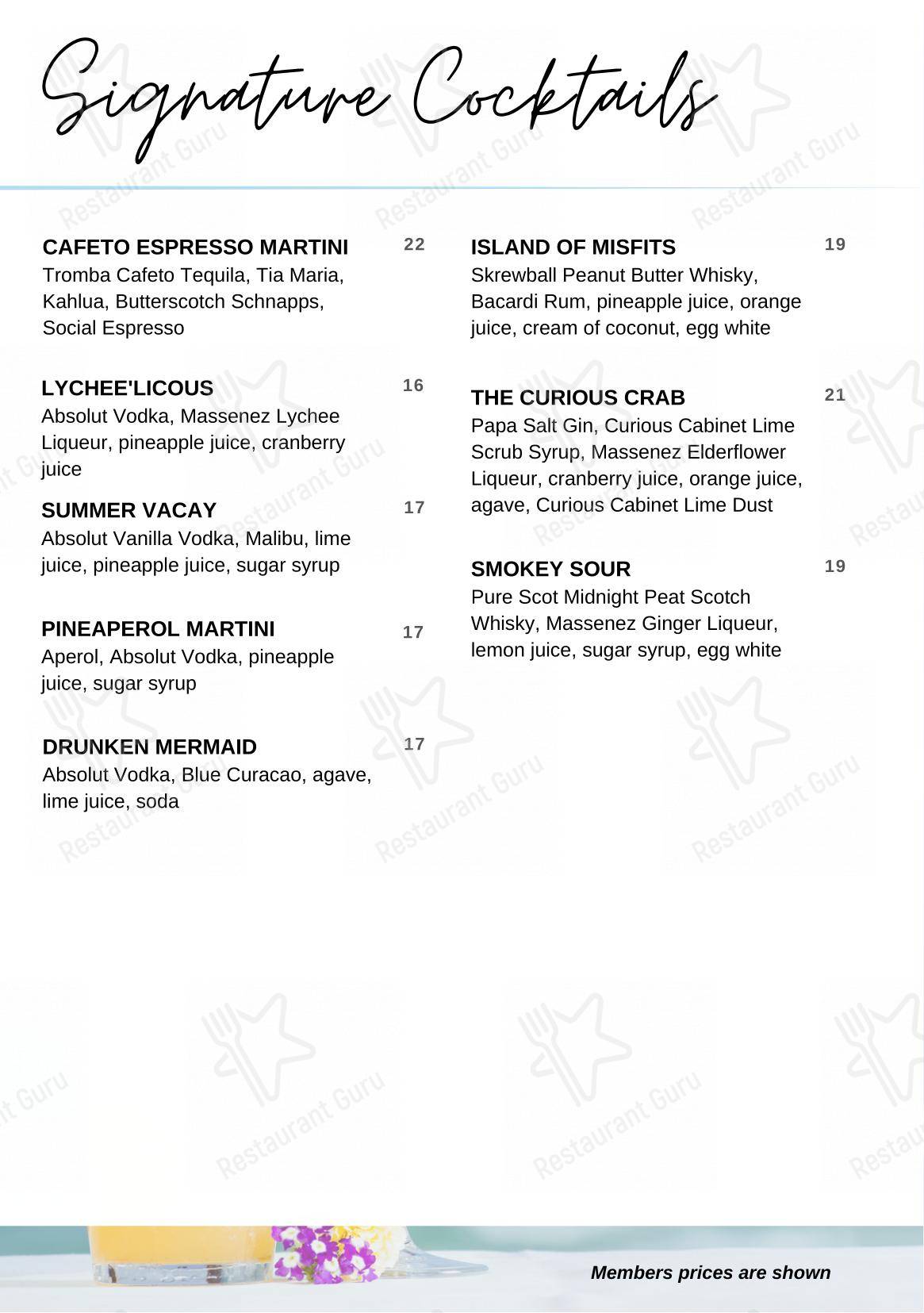 Menu at Palm Beach Surf Club, Palm Beach