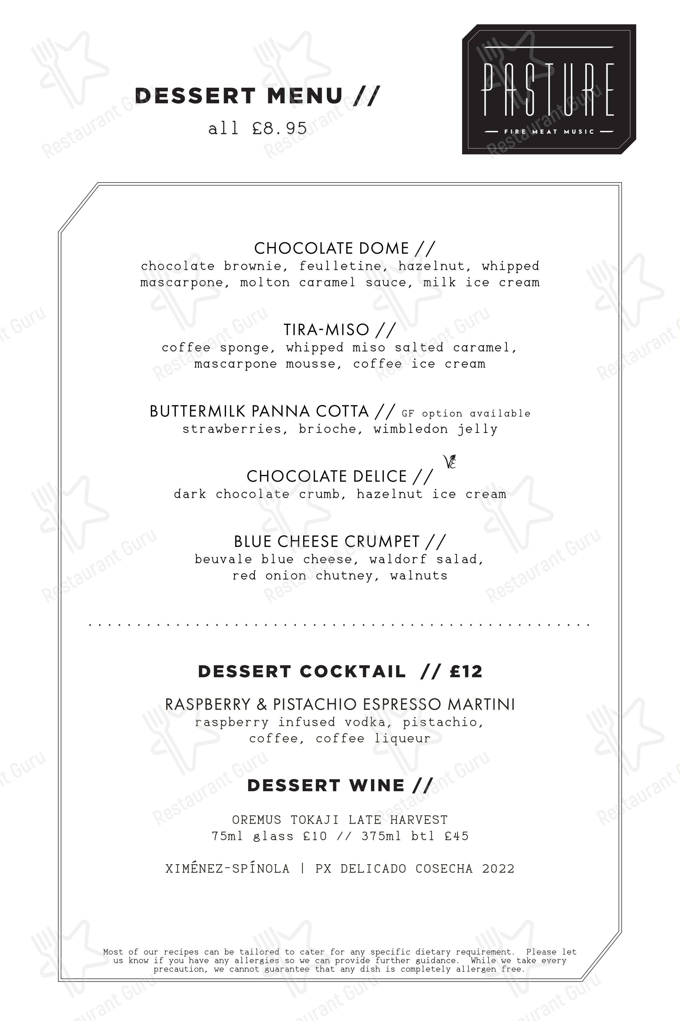 Menu at Pasture Birmingham restaurant, Birmingham