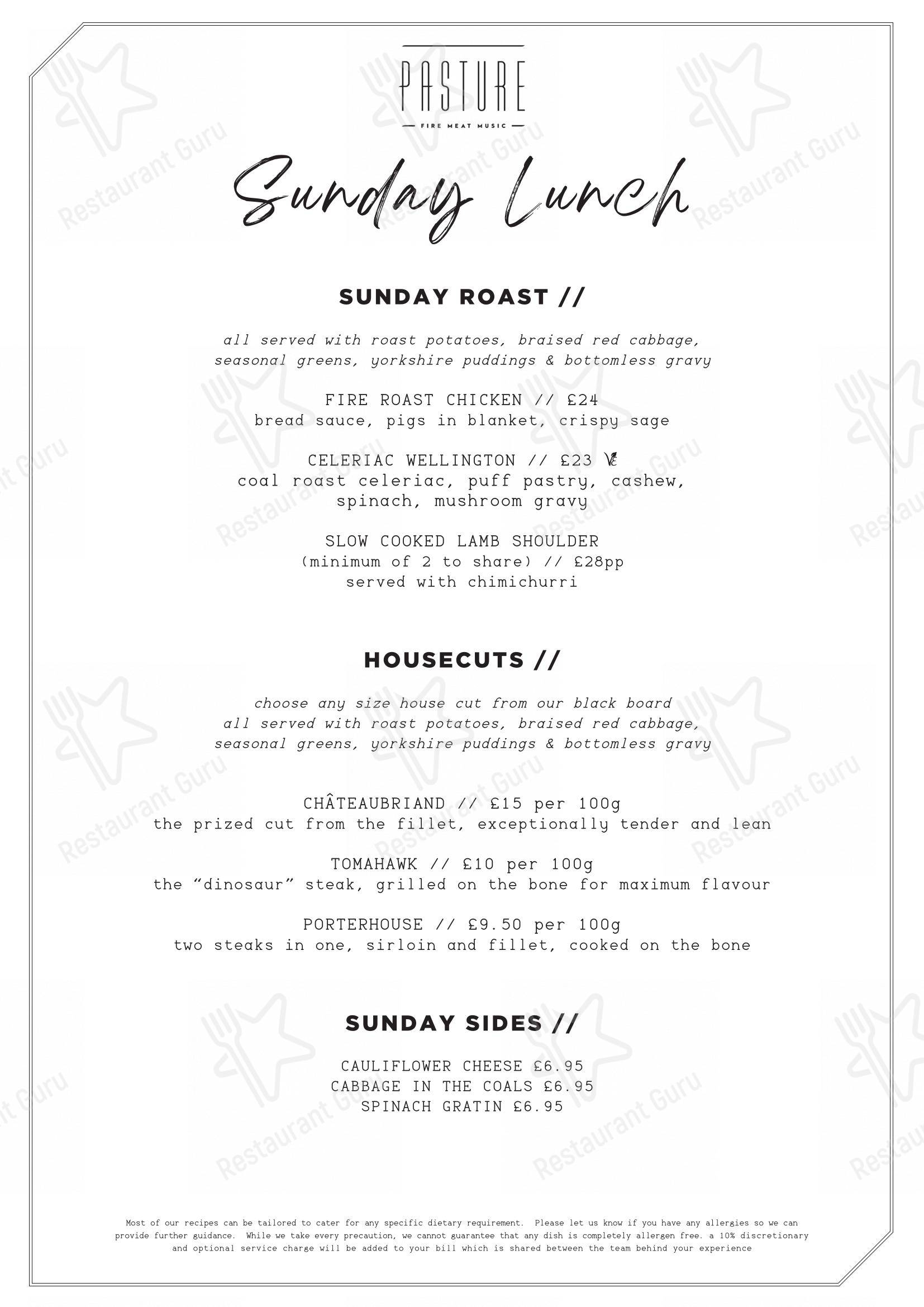 Menu at Pasture Birmingham restaurant, Birmingham