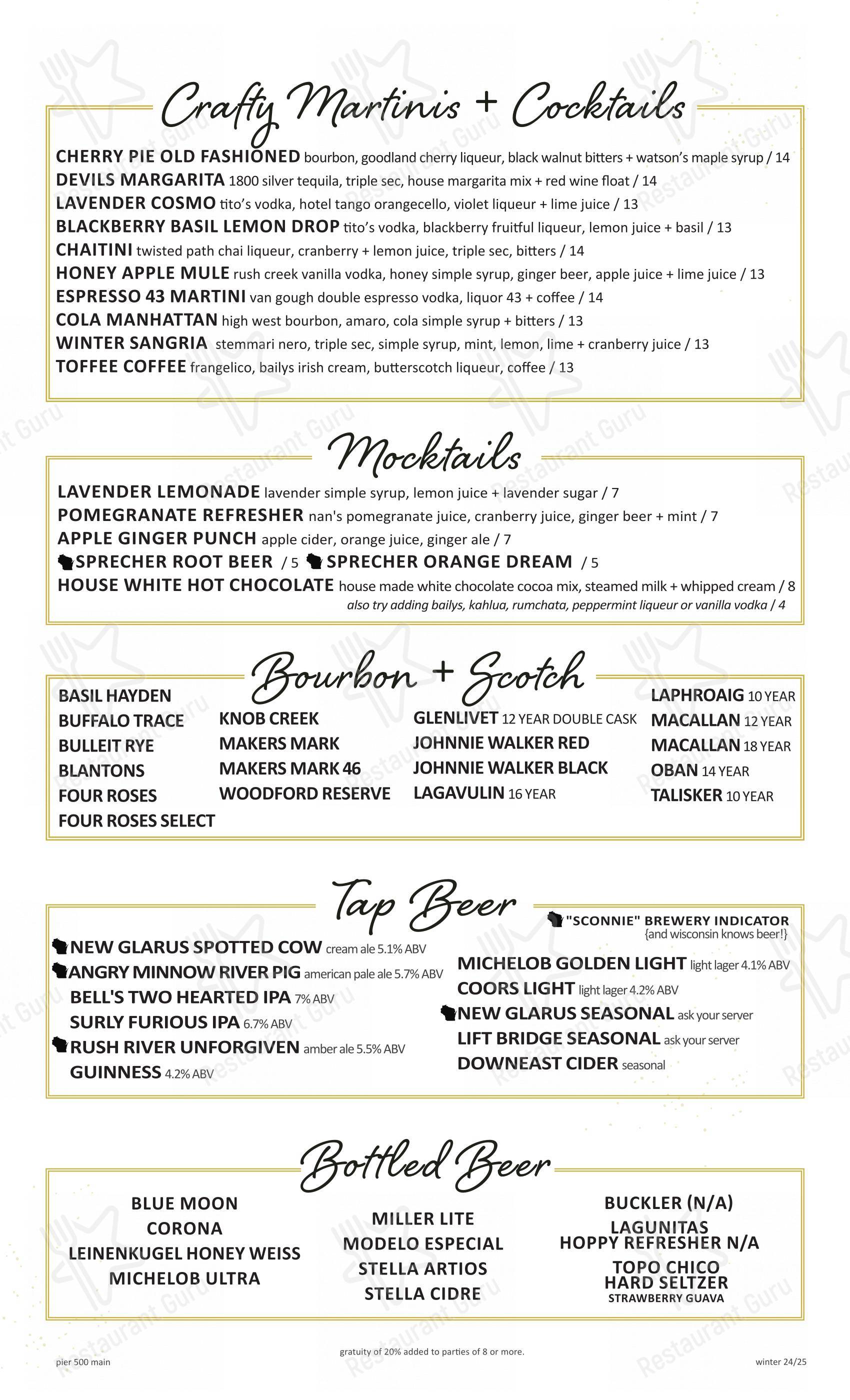 Menu at Pier 500 restaurant, Hudson, 500 1st St