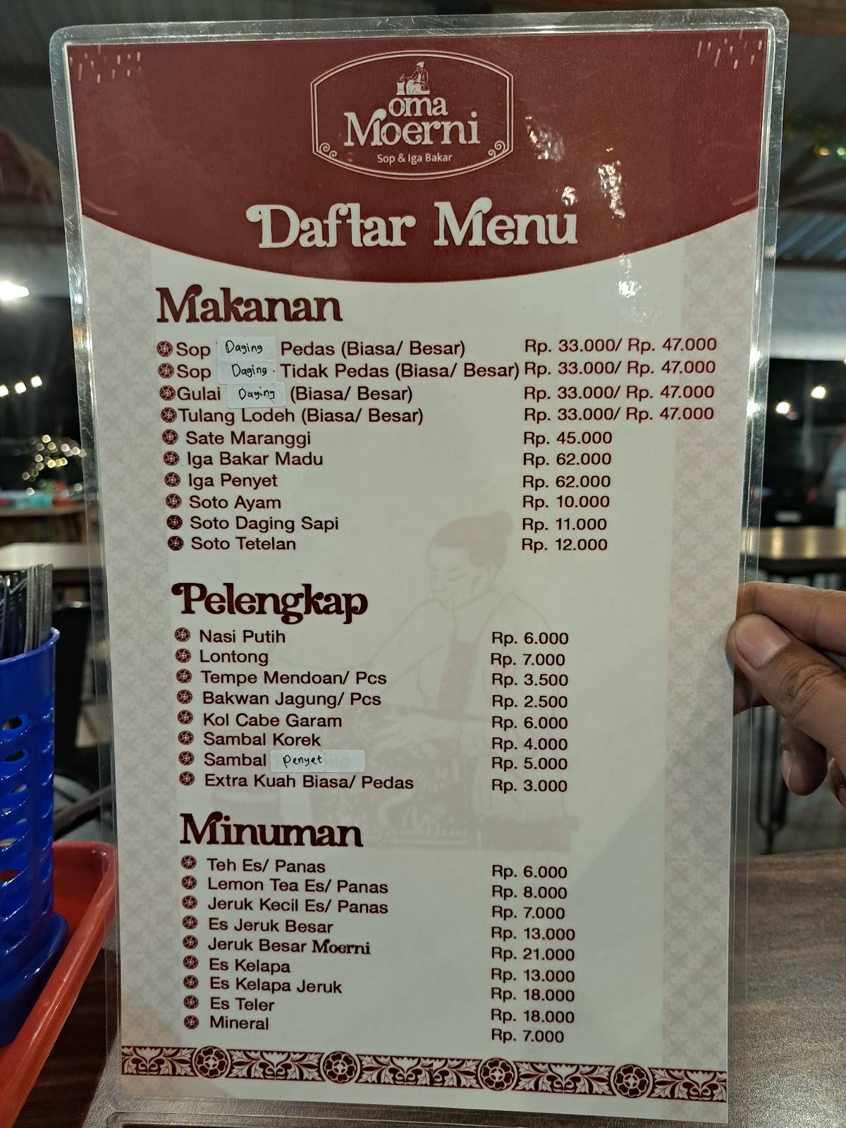 Menu at Sop dan Iga OMA MOERNI restaurant, Pontianak