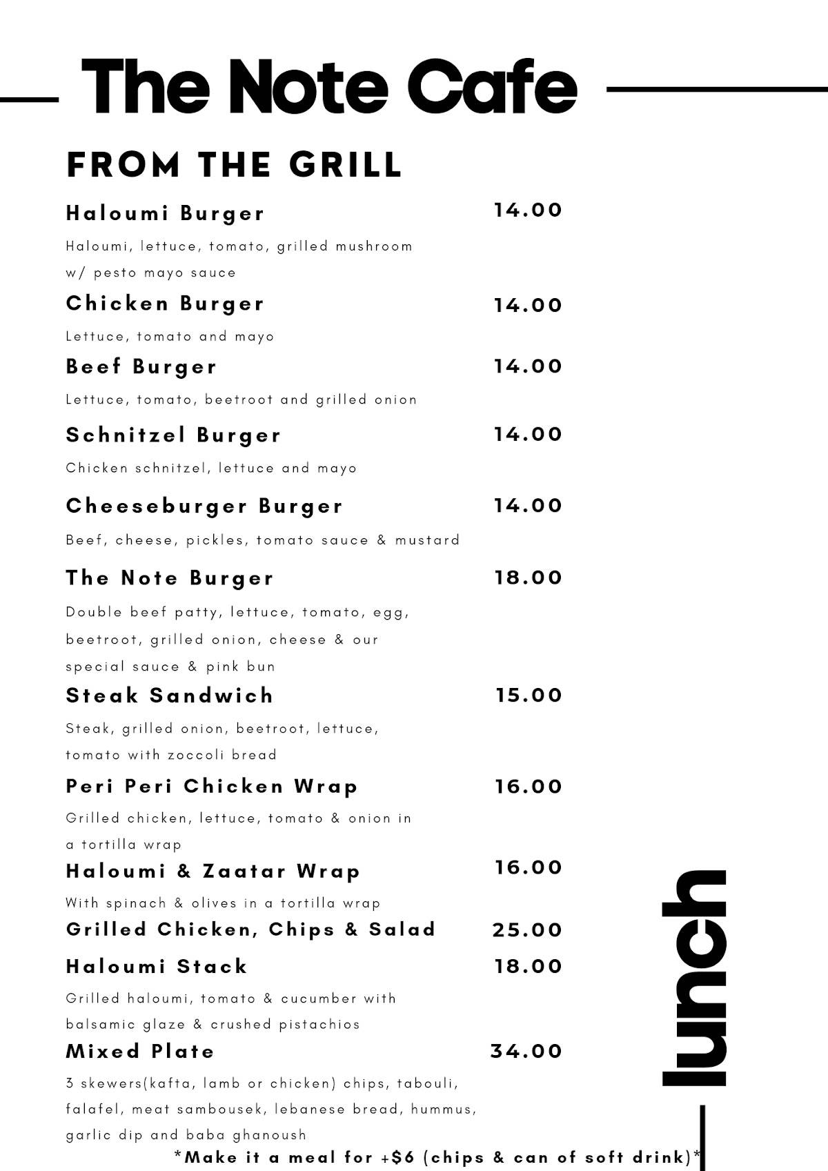 Carta de The Note Cafe, Revesby