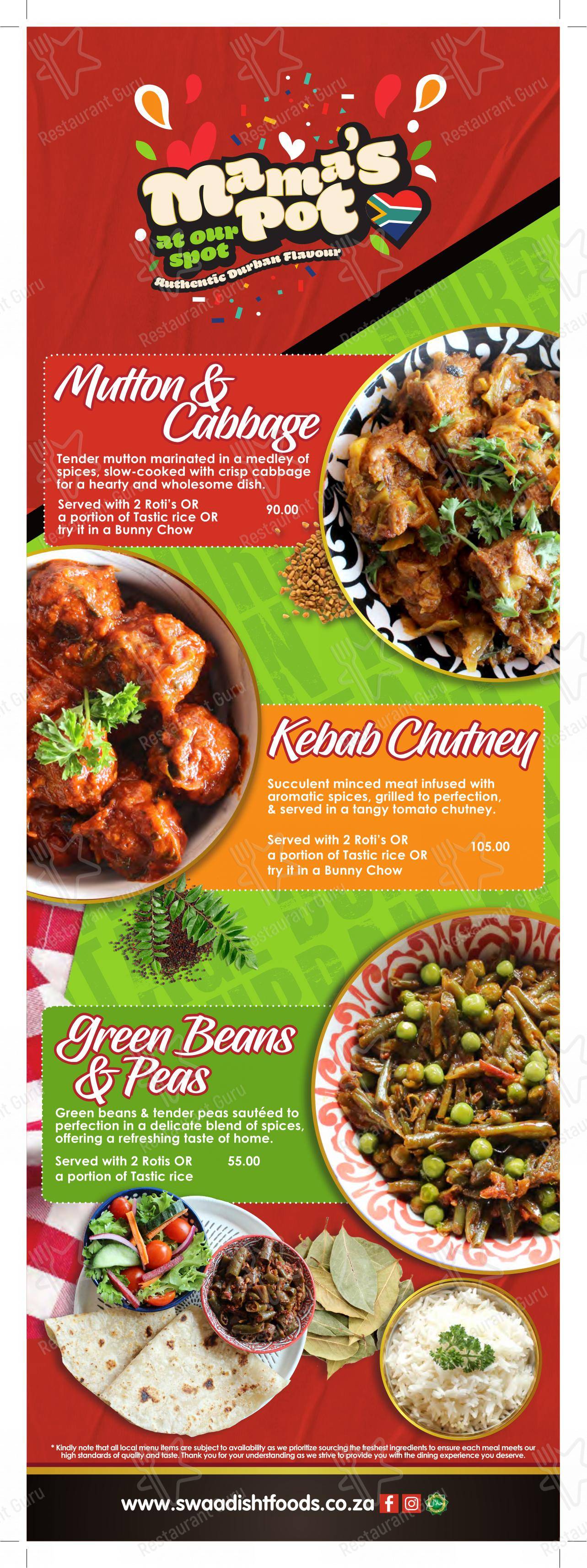 Menu at Swaadisht Foods Shallcross restaurant, Durban, 1