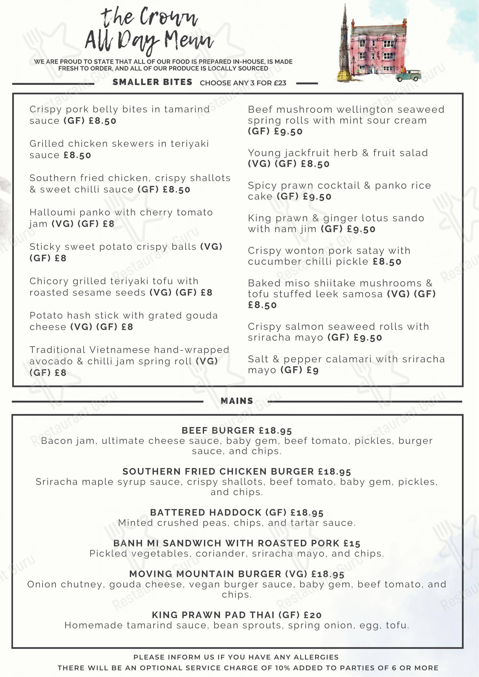 Menu at THE CROWN HOTEL Glastonbury pub & bar, Glastonbury