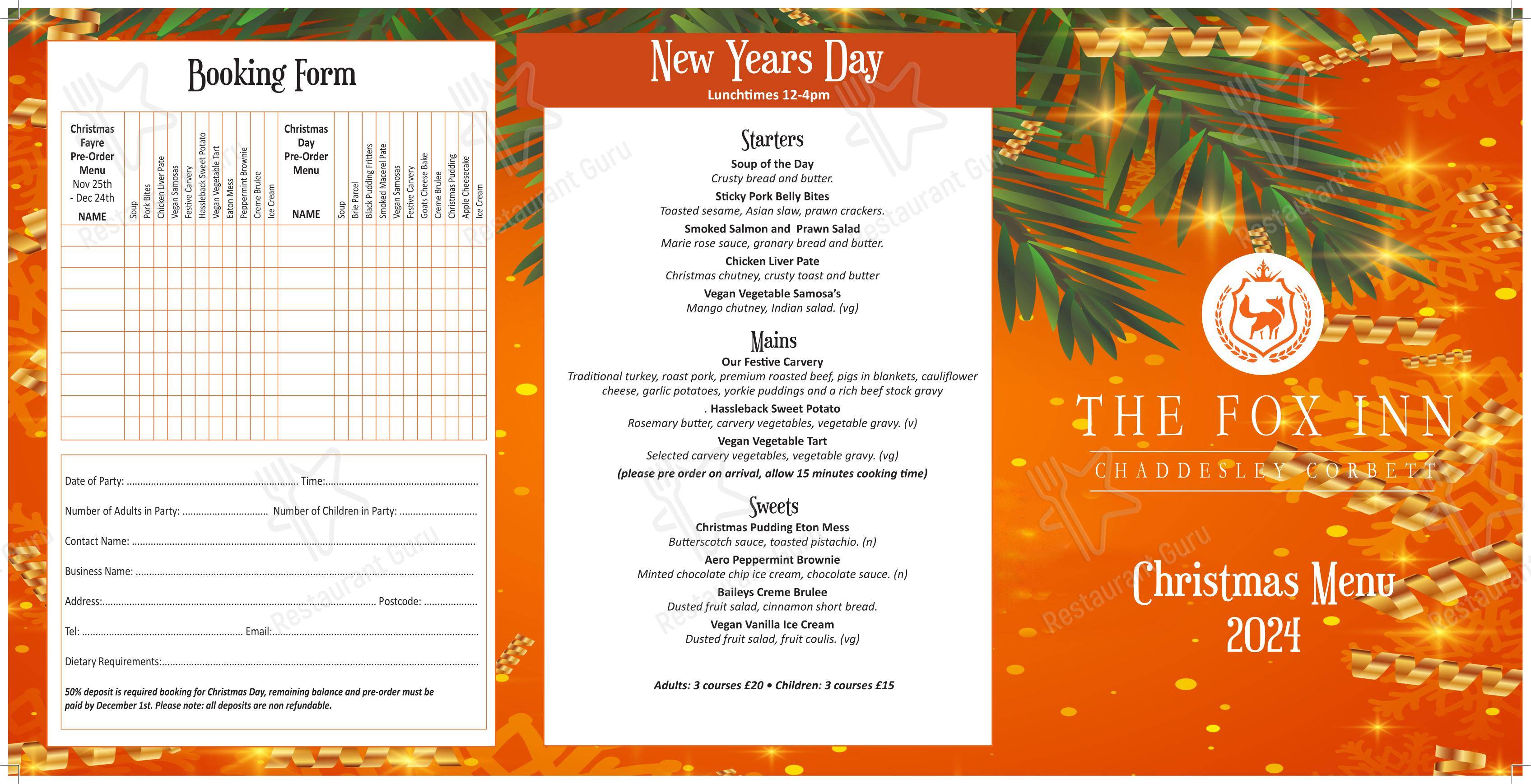 Menu at The Fox Inn restaurant, Chaddesley Corbett