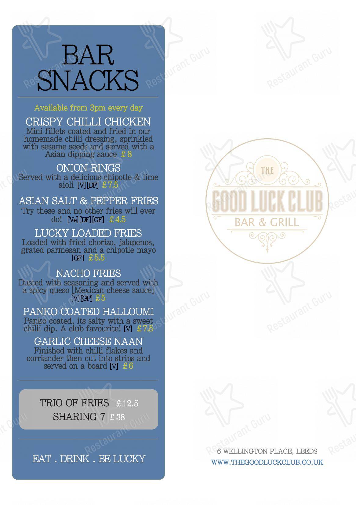 Menu at The Good Luck Club, Leeds