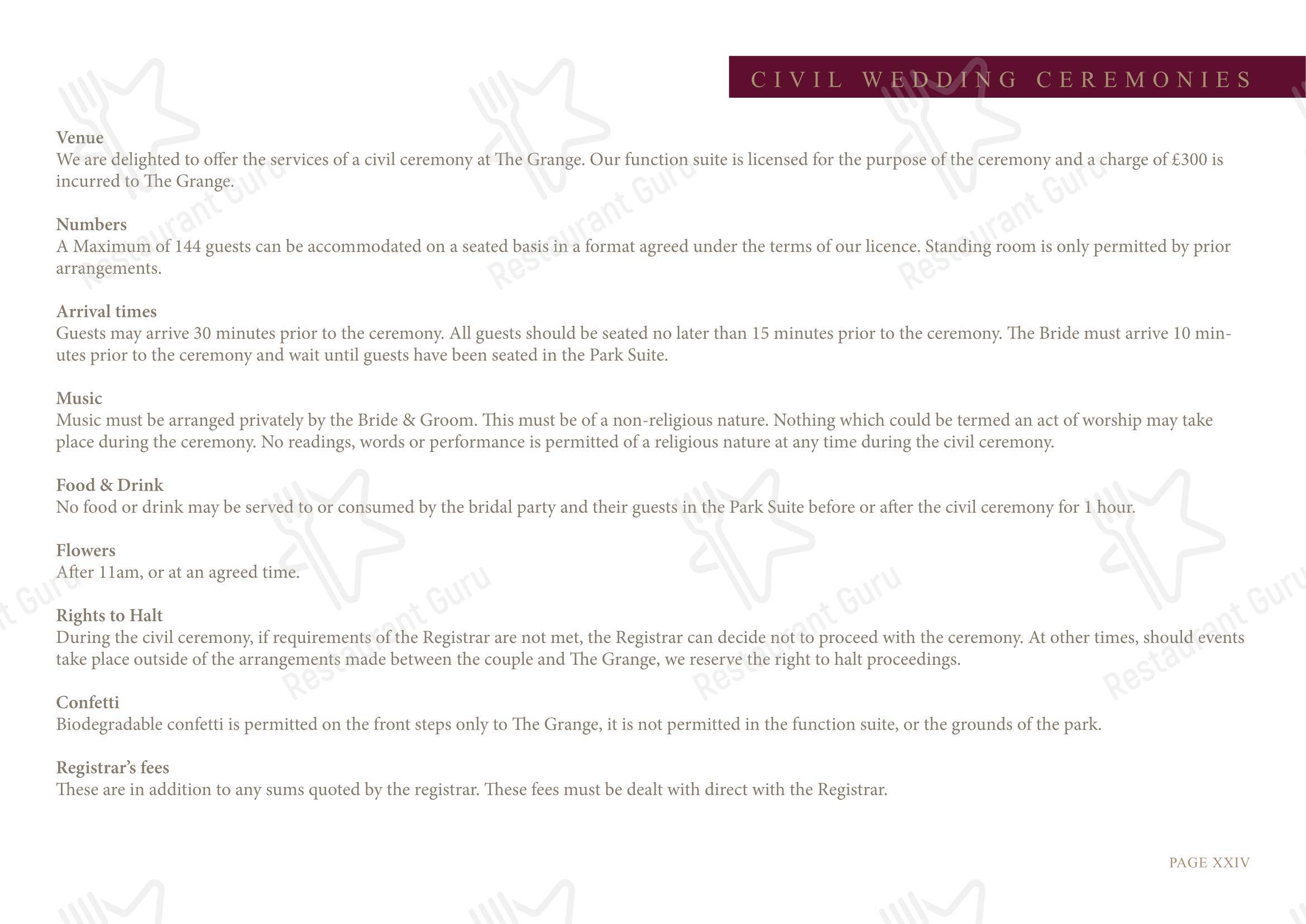Menu at The Grange Restaurant, Wallington, Beddington Park